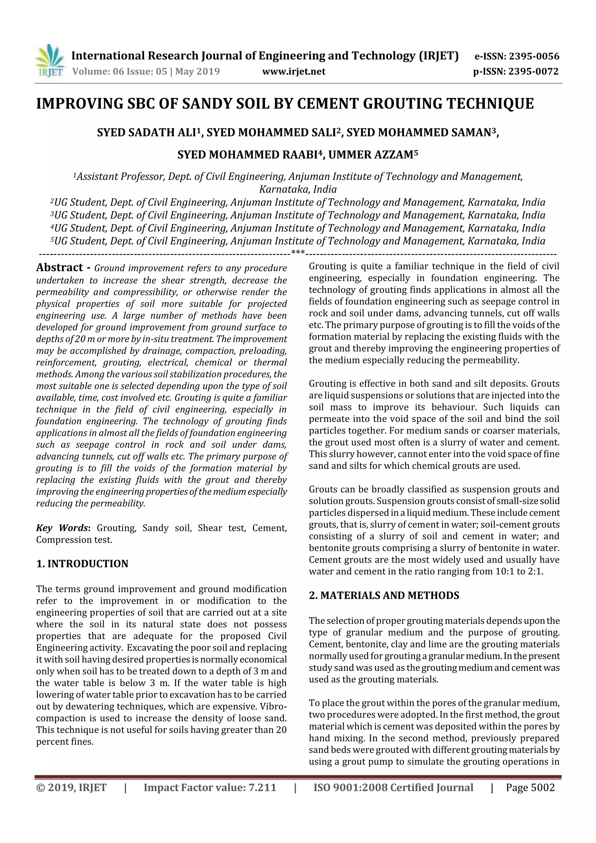 IRJET- Improving SBC of Sandy Soil by Cement Grouting Technique | PDF