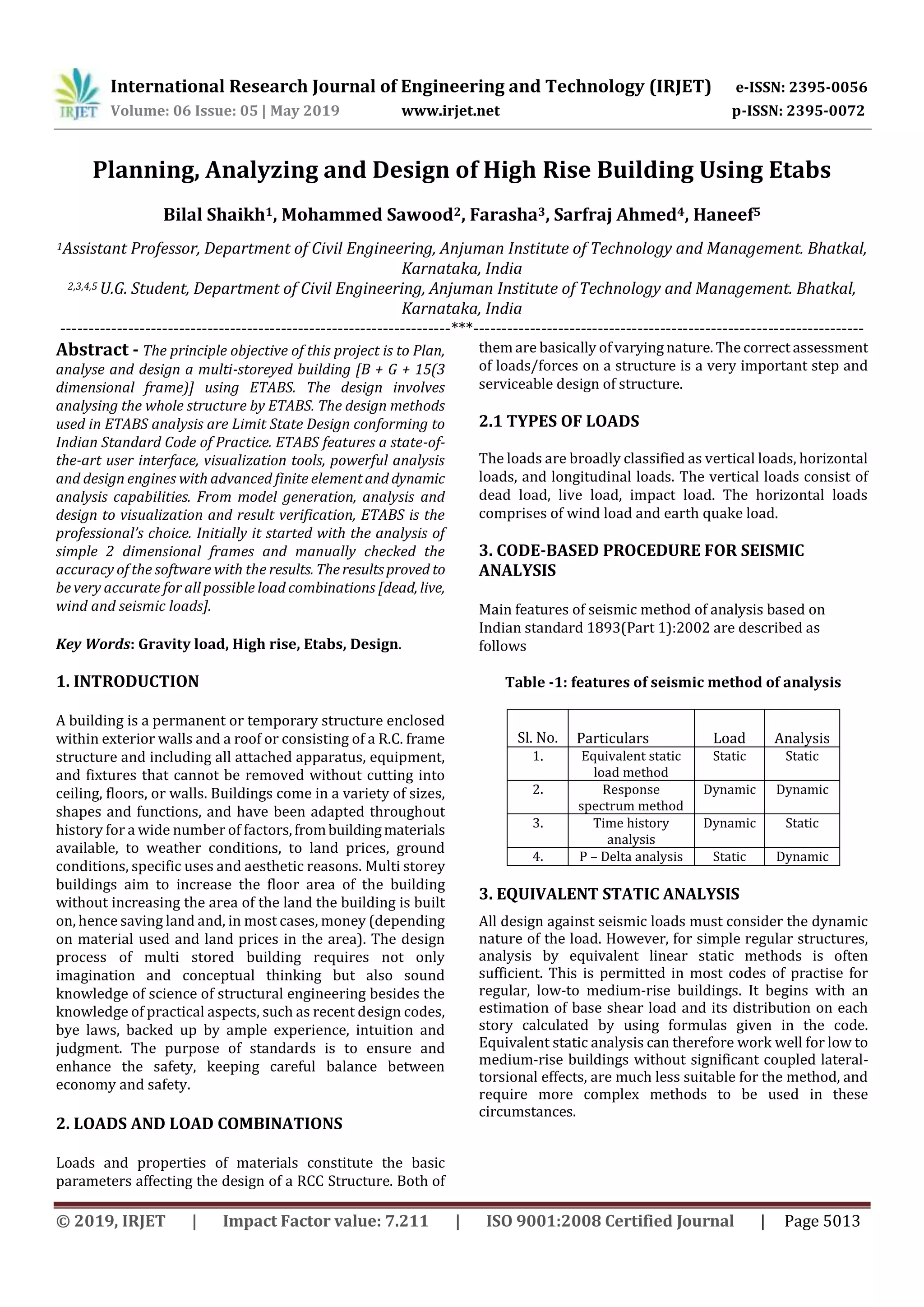 IRJET- Planning, Analyzing and Design of High Rise Building using Etabs ...
