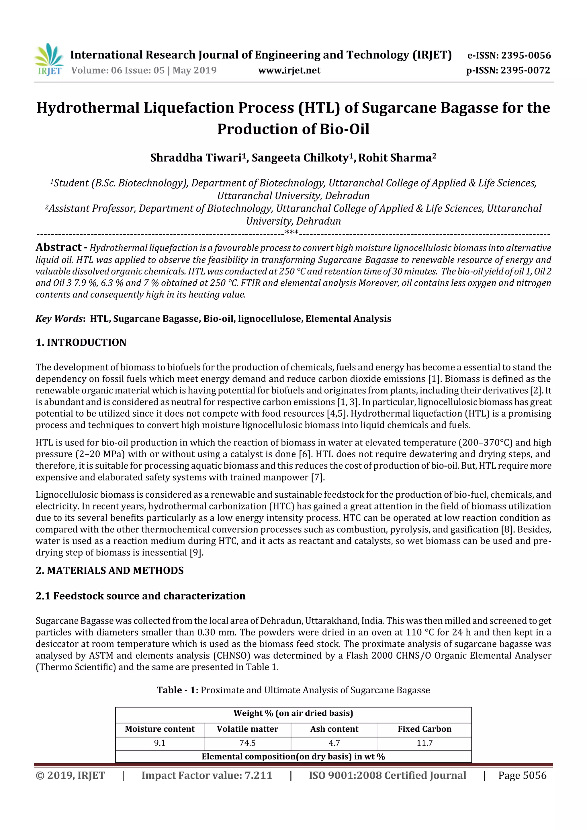 IRJET- Hydrothermal Liquefaction Process (HTL) of Sugarcane Bagasse for ...