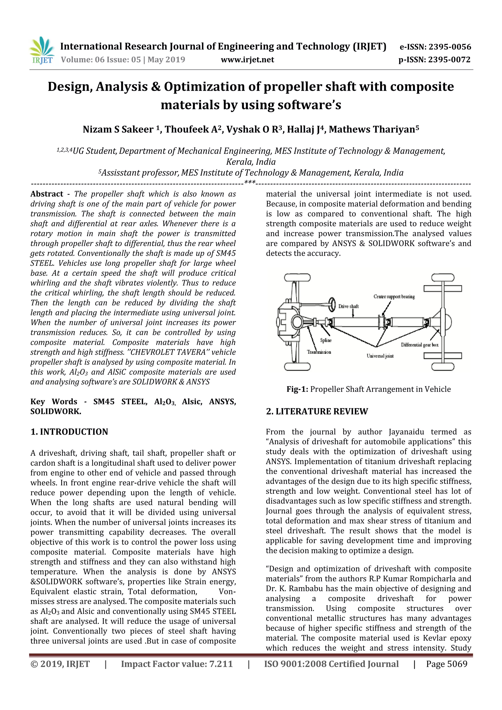 IRJET- Design, Analysis & Optimization of Propeller Shaft with Composite Materials by using ...