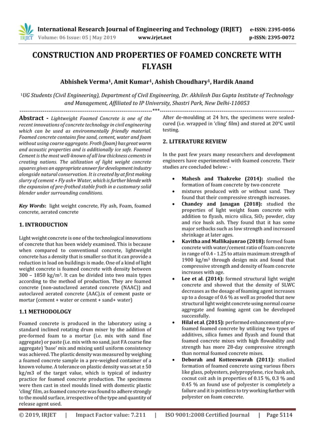 IRJET- Construction and Properties of Foamed Concrete with Flyash | PDF