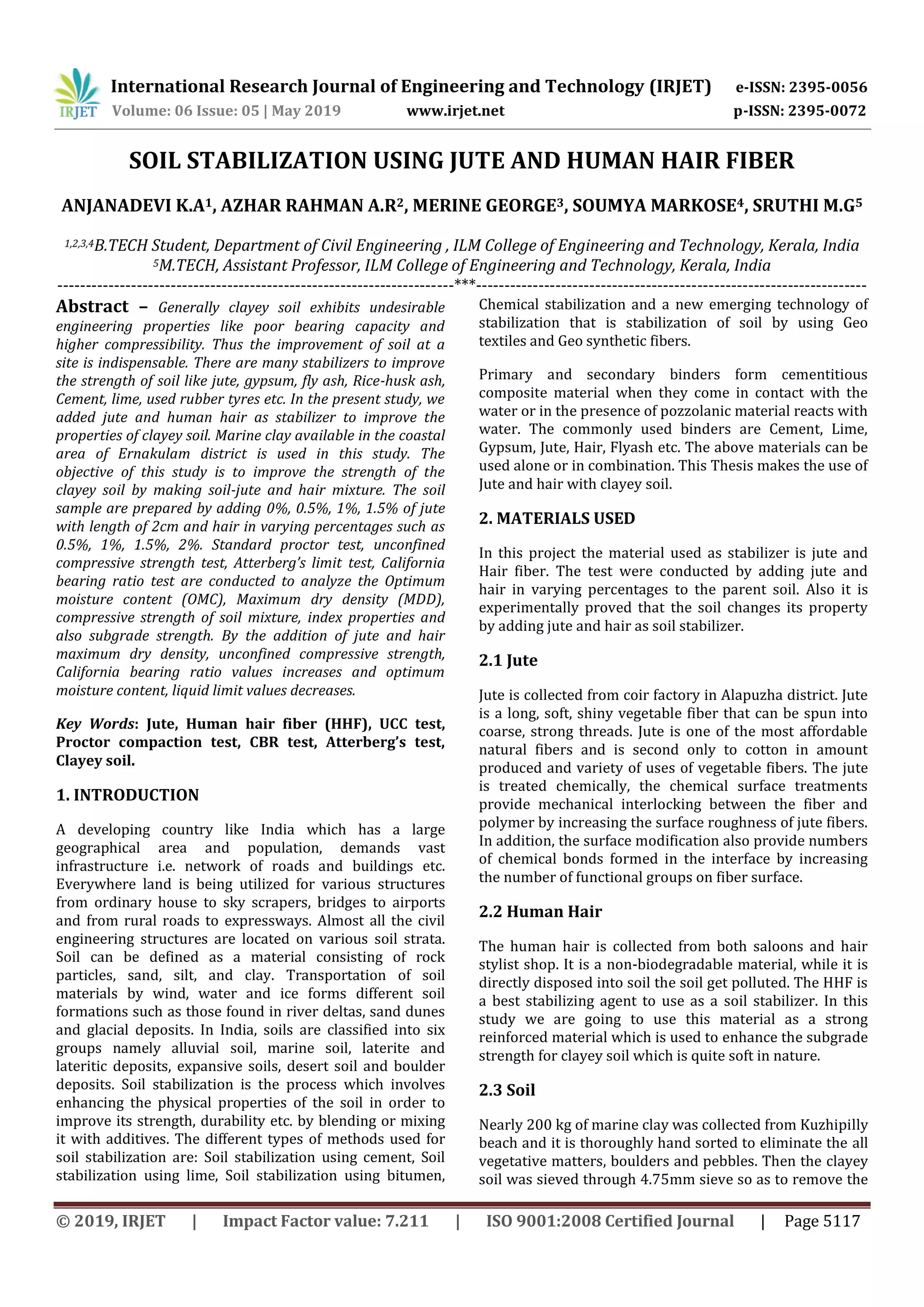 IRJET- Soil Stabilization using Jute and Human Hair Fiber | PDF