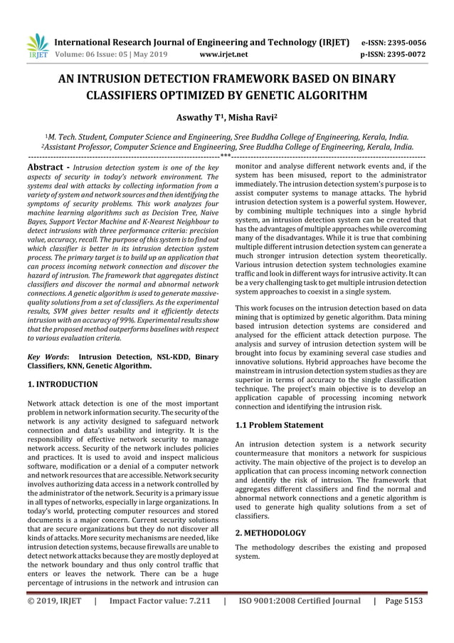 Irjet An Intrusion Detection Framework Based On Binary Classifiers Optimized By Genetic