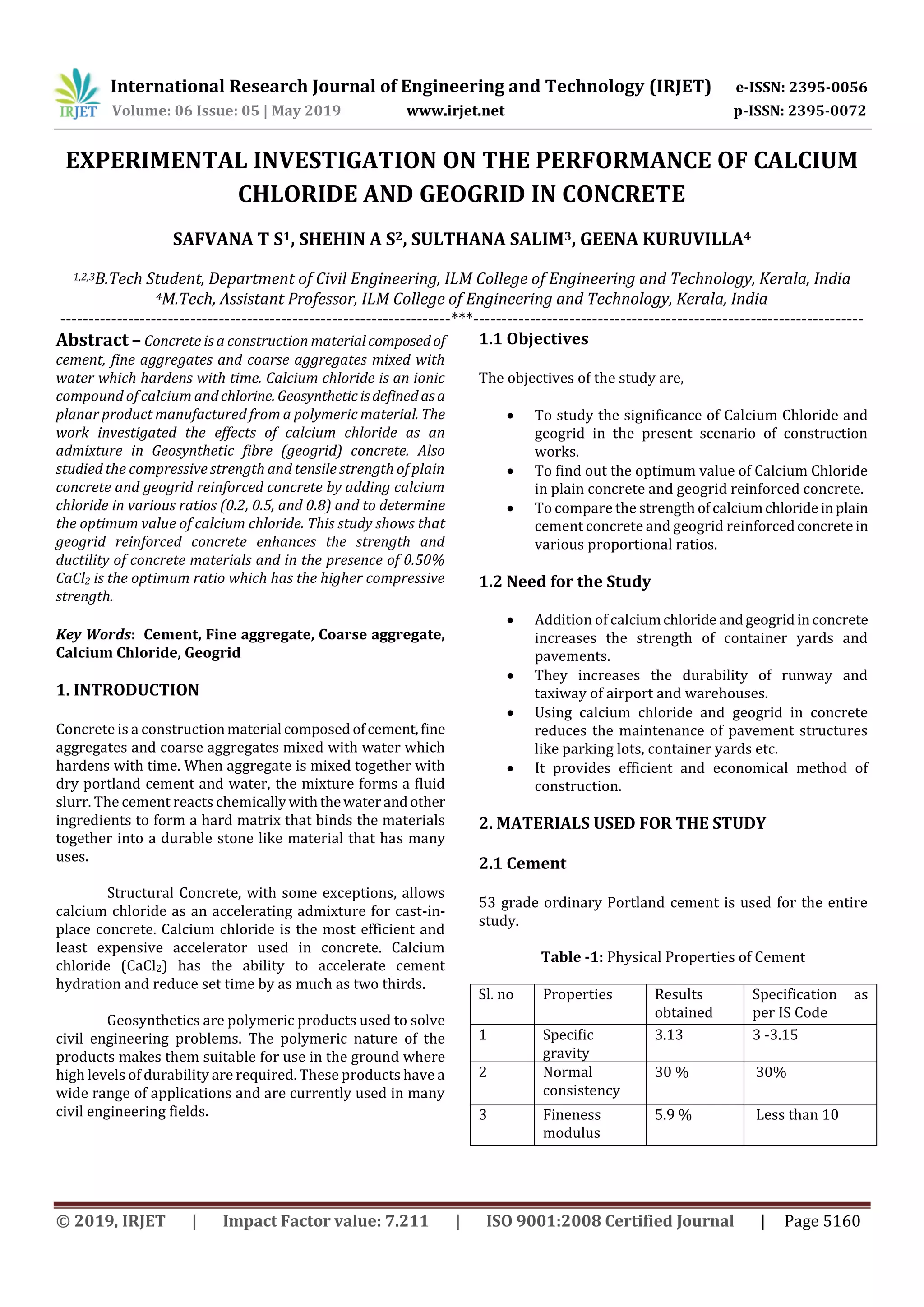 IRJET- Experimental Investigation on the Performance of Calcium Chloride and Geogrid in Concrete ...