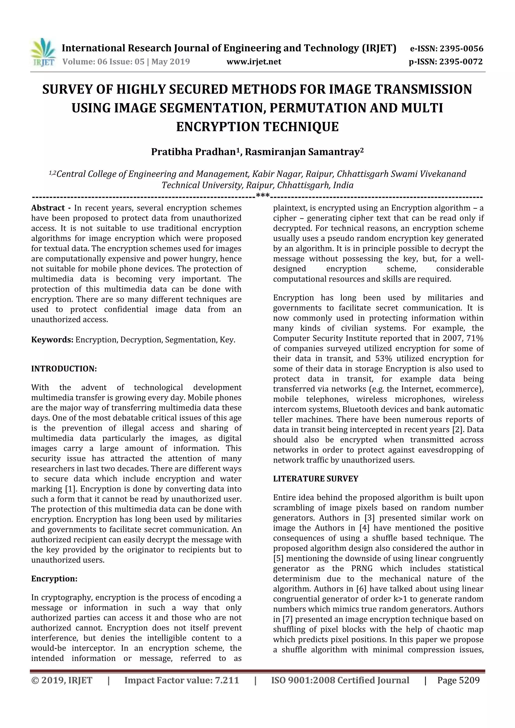 Irjet Survey Of Highly Secured Methods For Image Transmission Using Image Segmentation 6054
