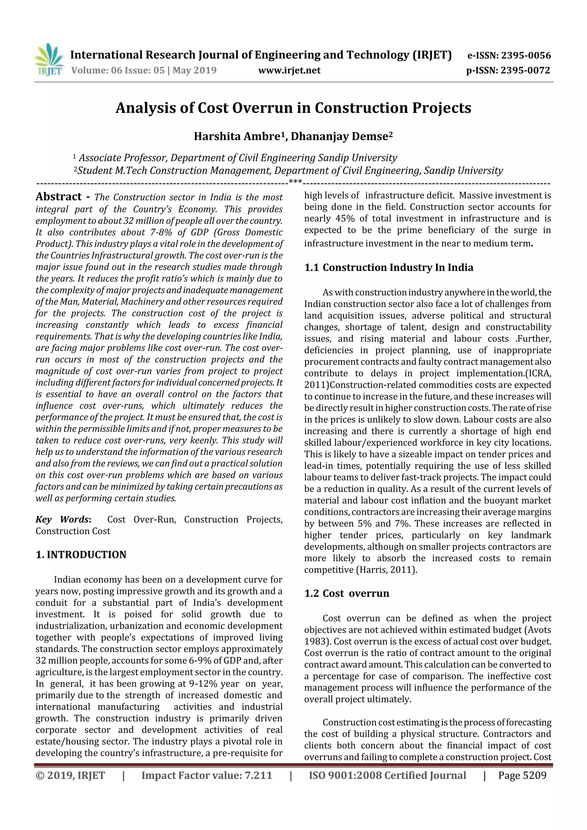 IRJET- Analysis of Cost Overrun in Construction Projects | PDF