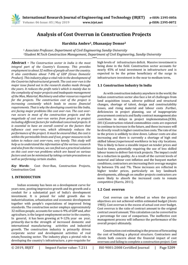 IRJET- Analysis of Cost Overrun in Construction Projects | PDF