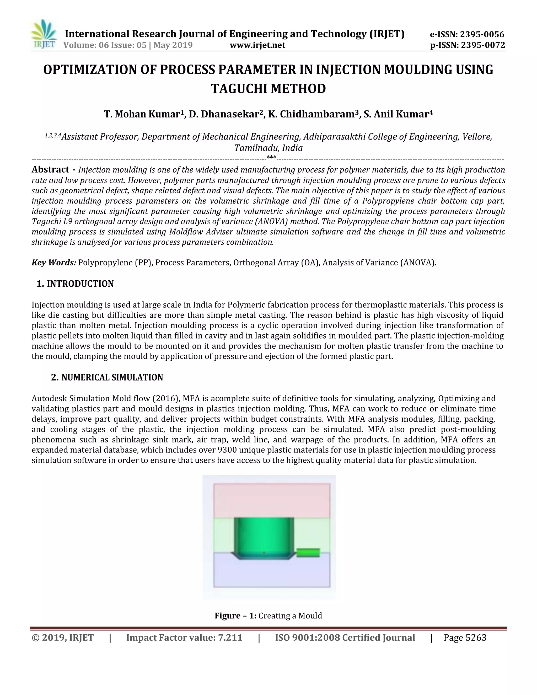 Irjet Optimization Of Process Parameter In Injection Moulding Using Taguchi Method Pdf