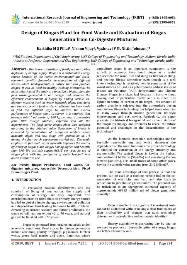 IRJET- Design of Biogas Plant for Food Waste and Evaluation of Biogas Generation from Co ...
