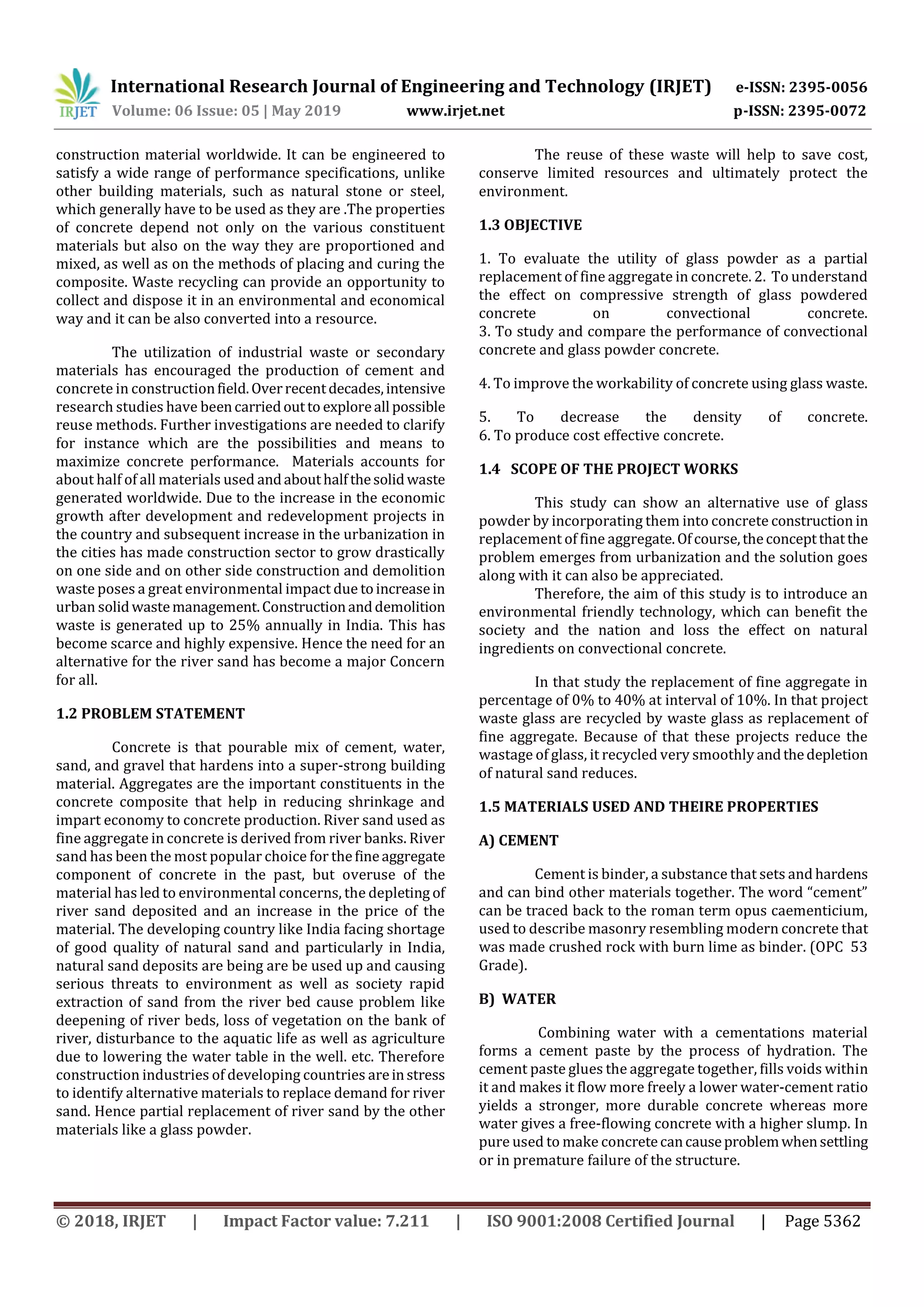 IRJET- Effect of Partial Replacement of Fine Aggregate by Waste Glass Powder on Compressive ...