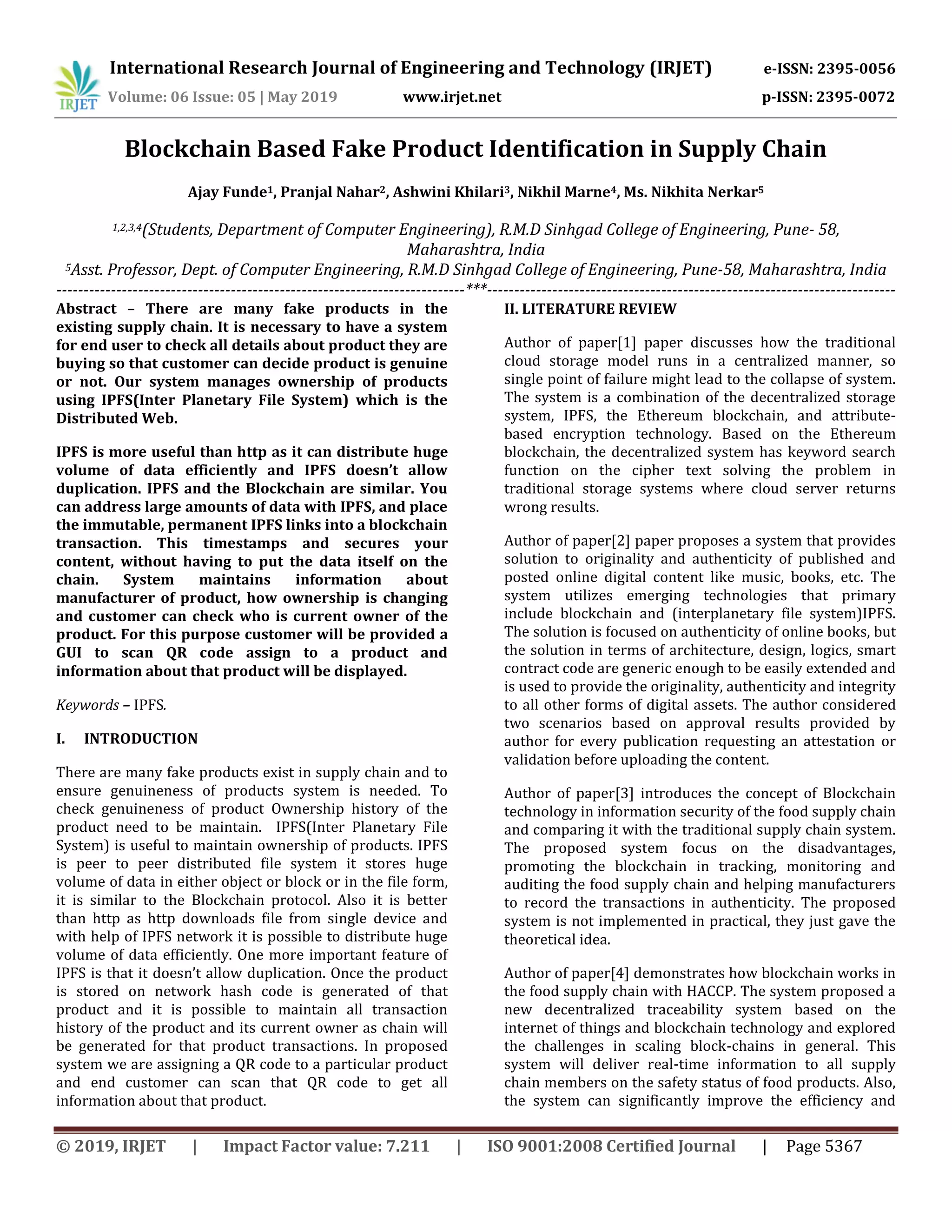 IRJET- Blockchain based Fake Product Identification in Supply Chain | PDF
