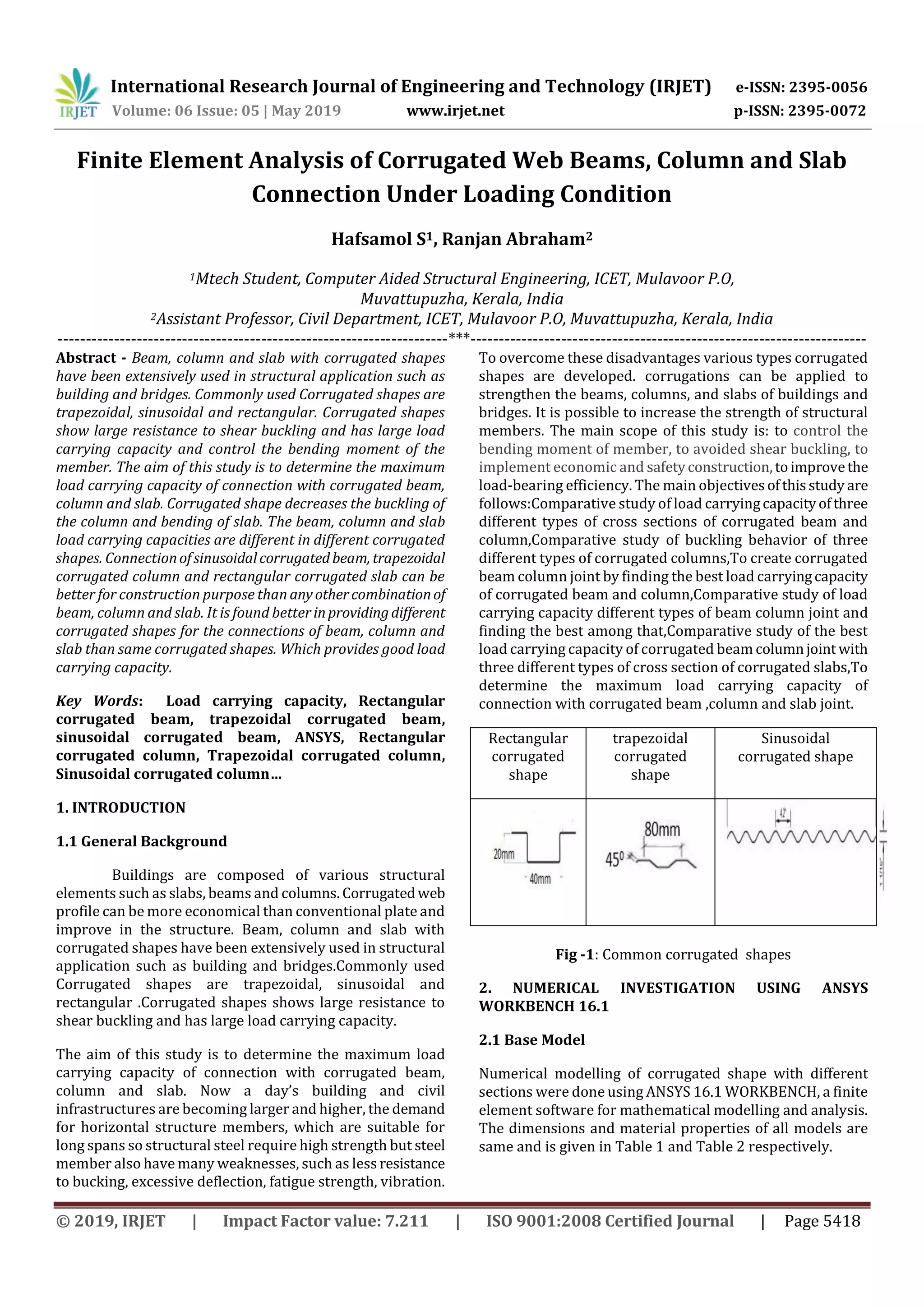 IRJET- Finite Element Analysis of Corrugated Web Beams, Column and Slab Connection under Loading ...