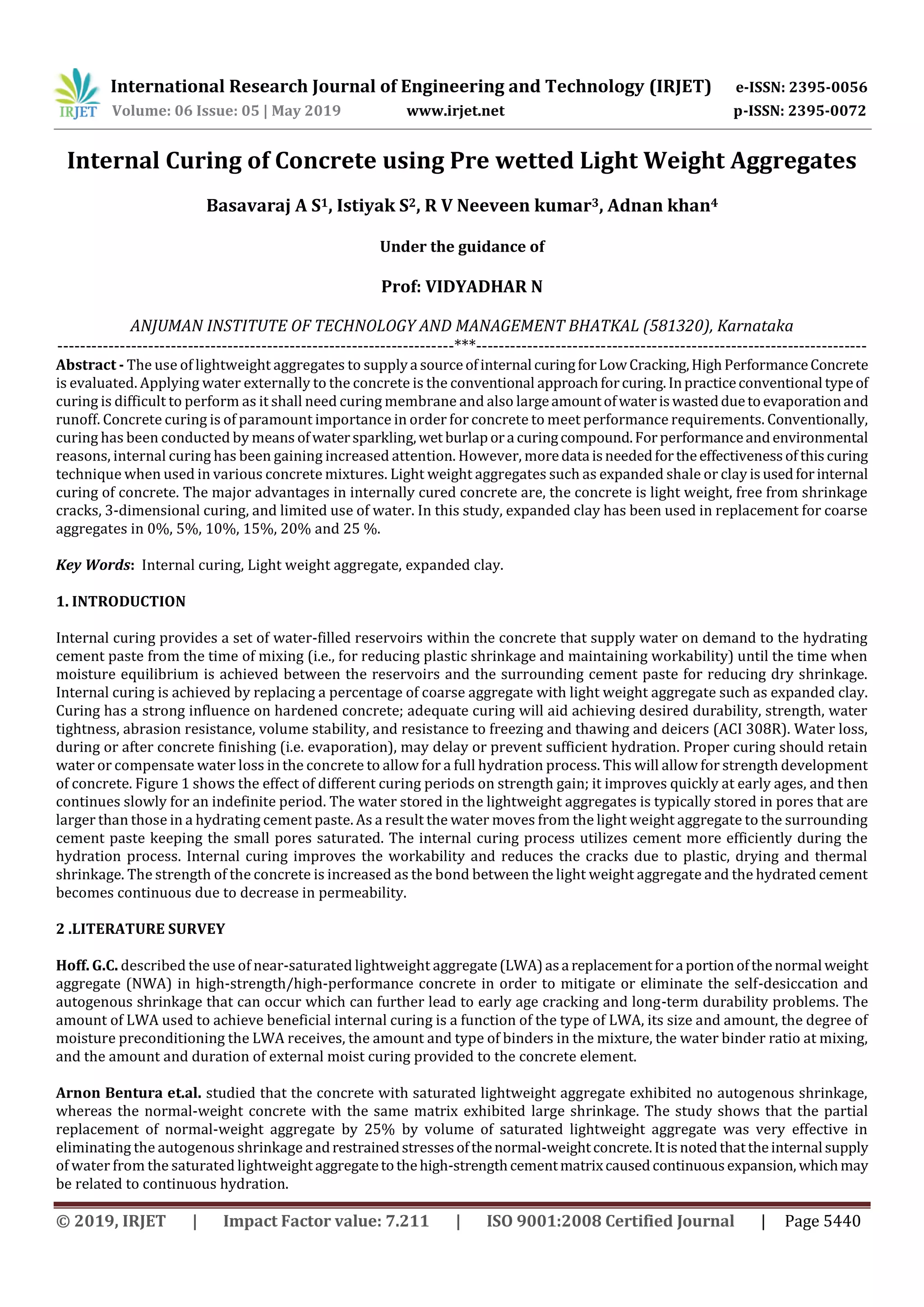 IRJET- Internal Curing of Concrete using Pre Wetted Light Weight ...