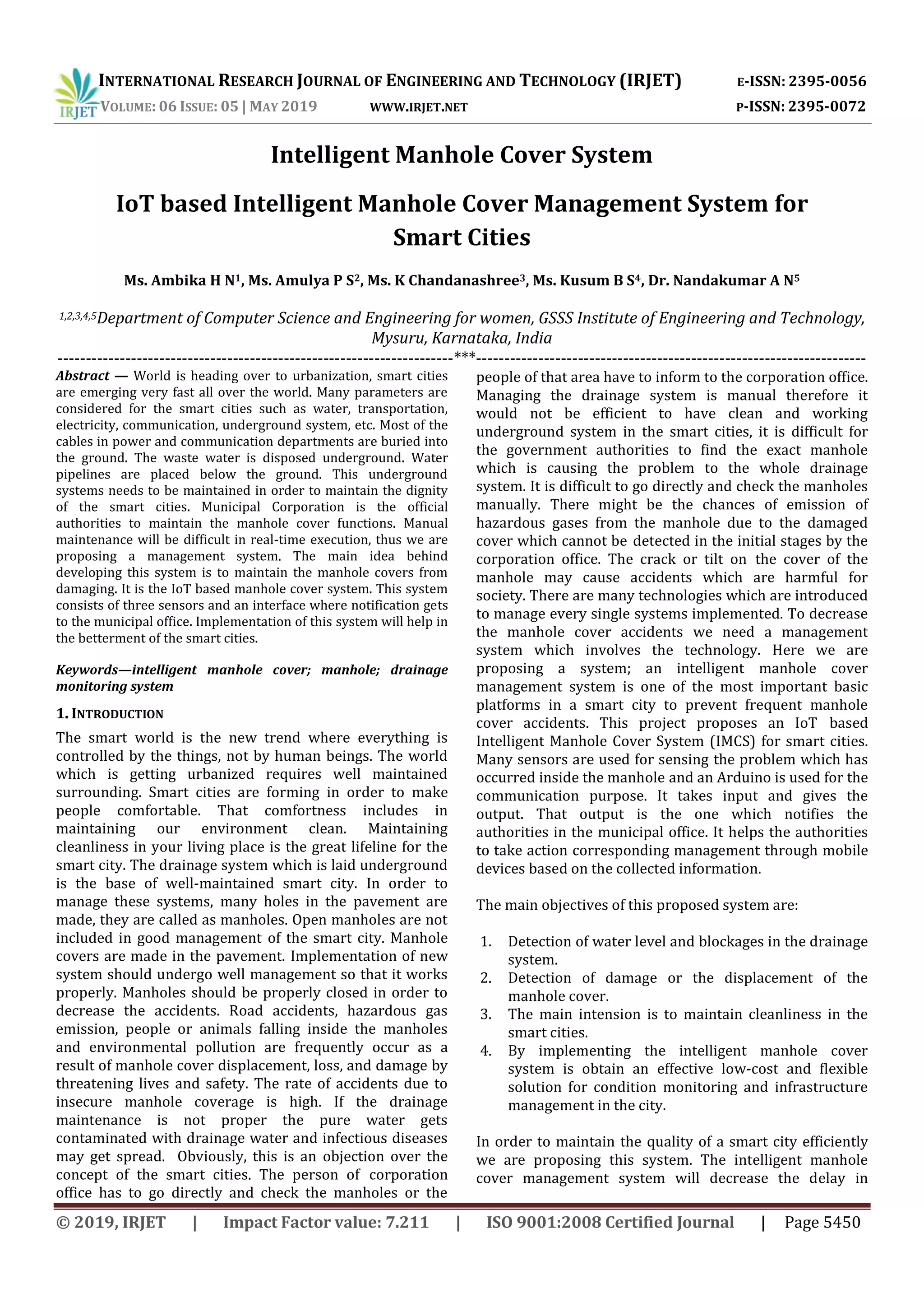 IRJET- Intelligent Manhole Cover System | PDF