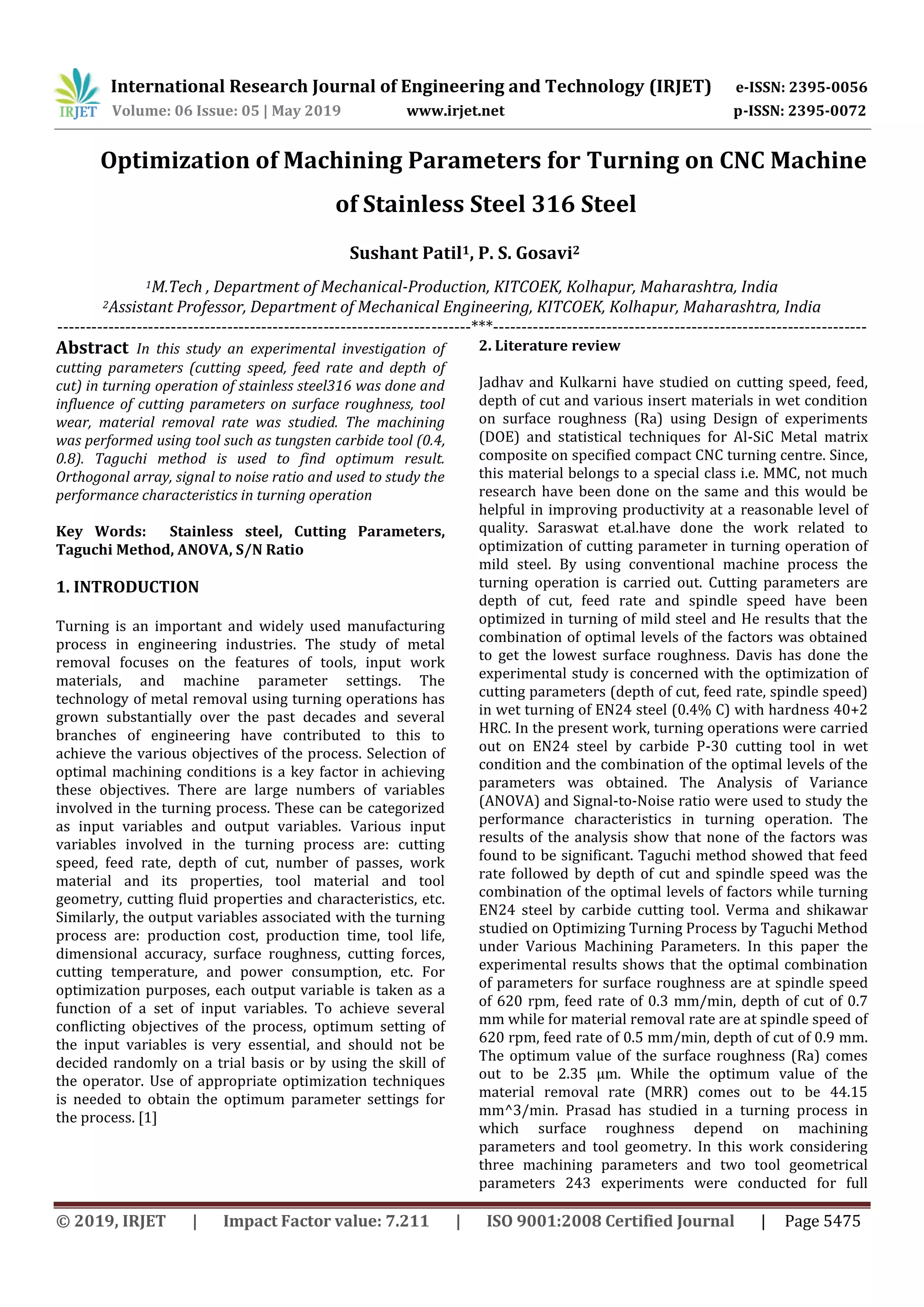 Irjet Optimization Of Machining Parameters For Turning On Cnc Machine
