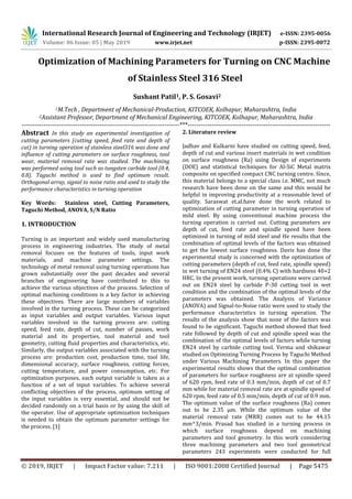 IRJET- Optimization of Machining Parameters for Turning on CNC Machine of Stainless Steel 316 ...