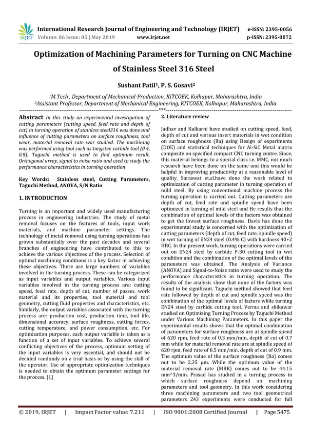 IRJET- Optimization of Machining Parameters for Turning on CNC Machine of Stainless Steel 316 ...