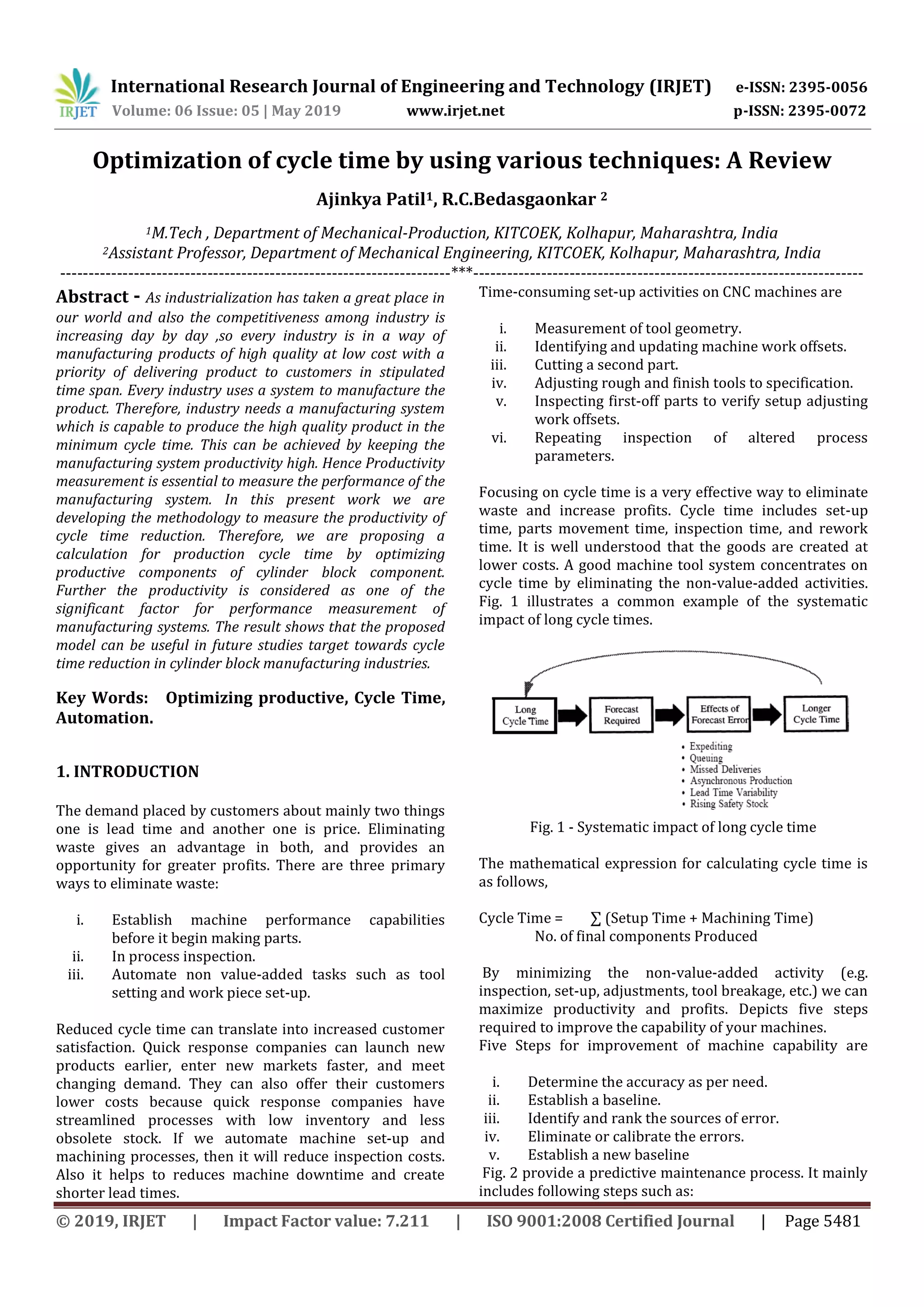 IRJET- Optimization of Cycle Time by using Various Techniques: A Review | PDF