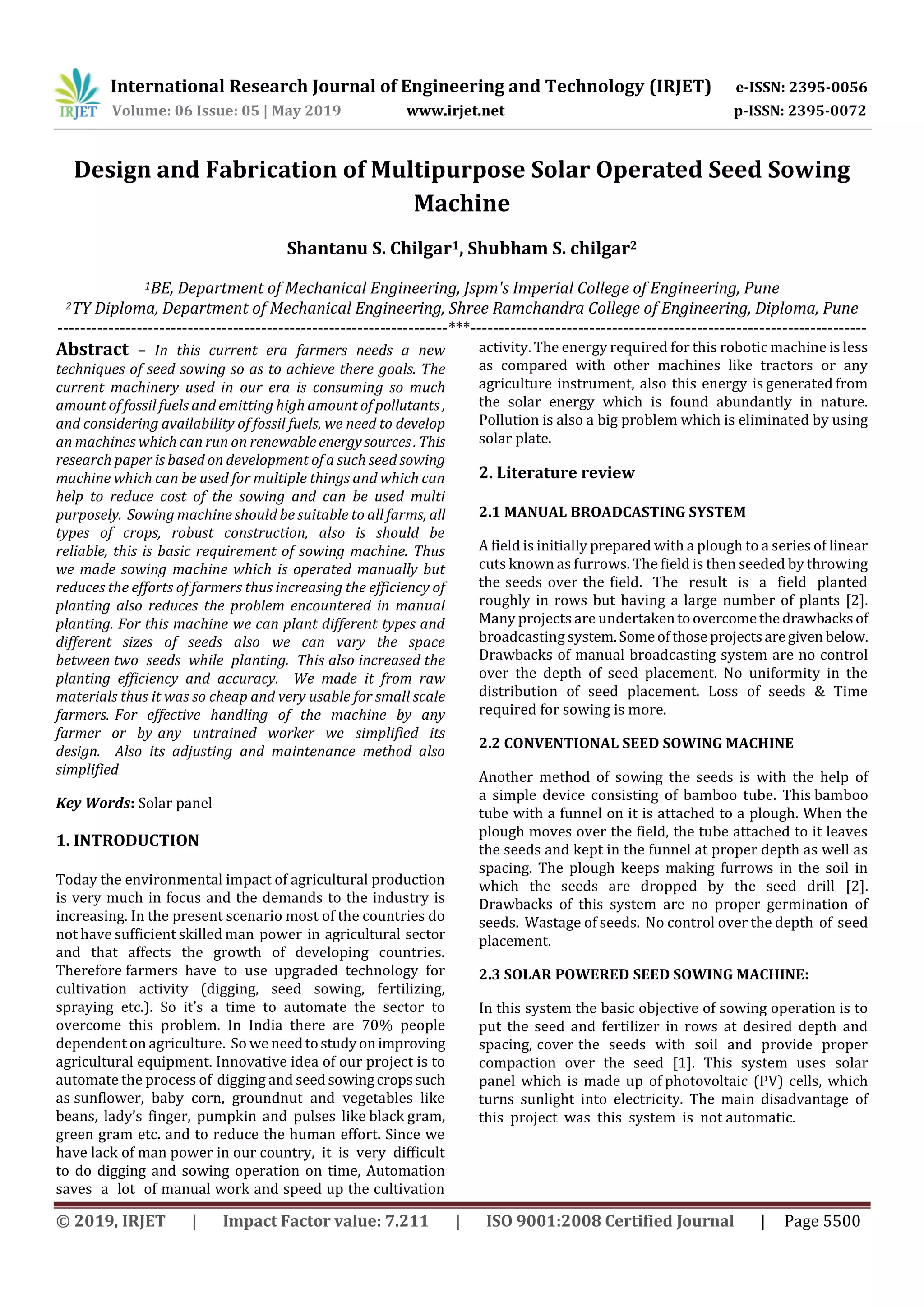 IRJET- Design and Fabrication of Multipurpose Solar Operated Seed ...
