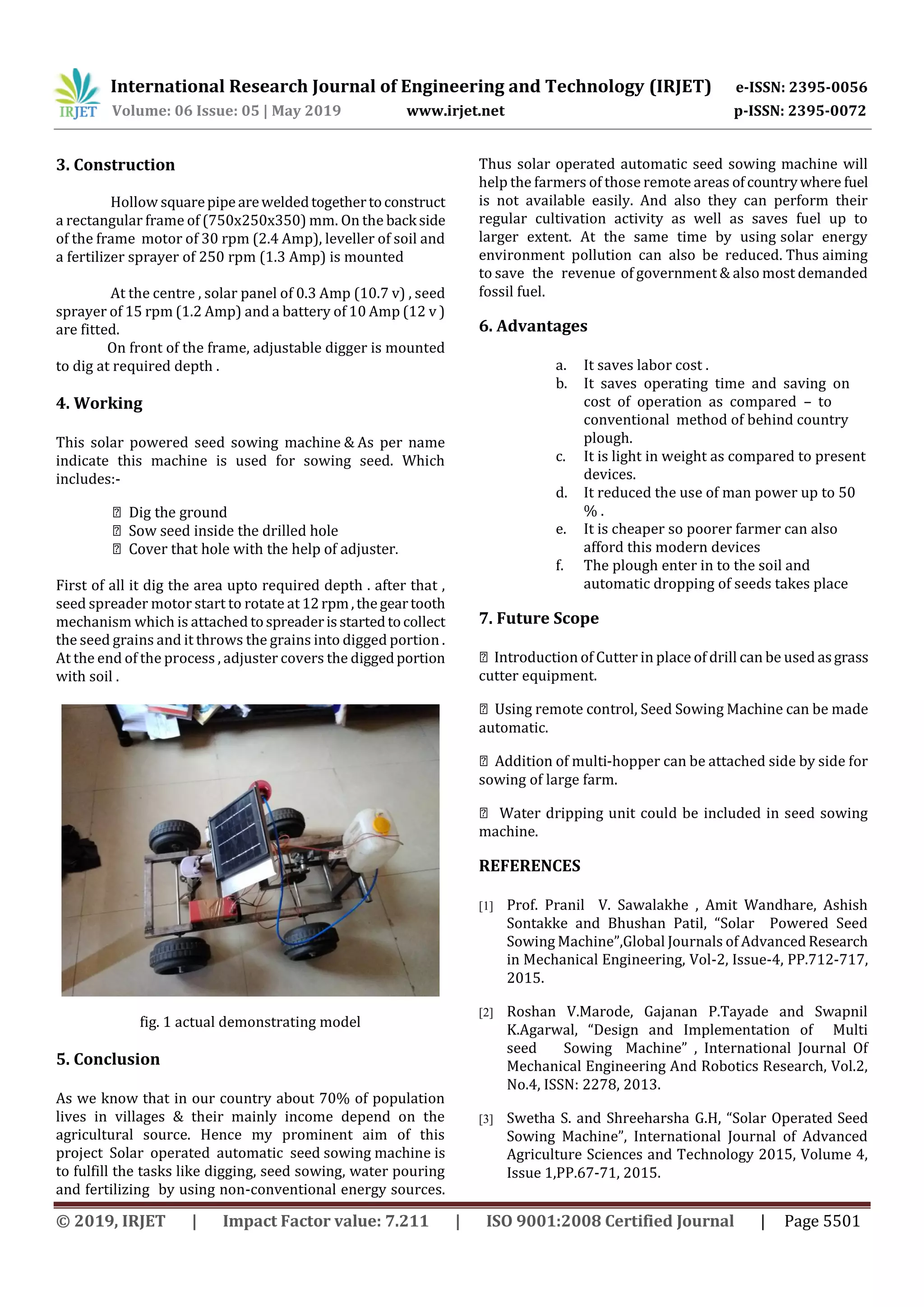 IRJET- Design and Fabrication of Multipurpose Solar Operated Seed ...