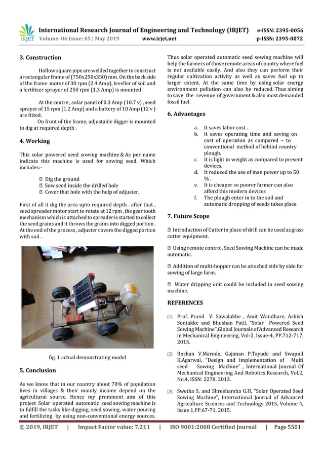 IRJET- Design and Fabrication of Multipurpose Solar Operated Seed ...