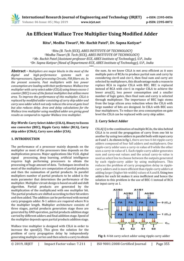 IRJET- An Efficient Wallace Tree Multiplier using Modified Adder | PDF