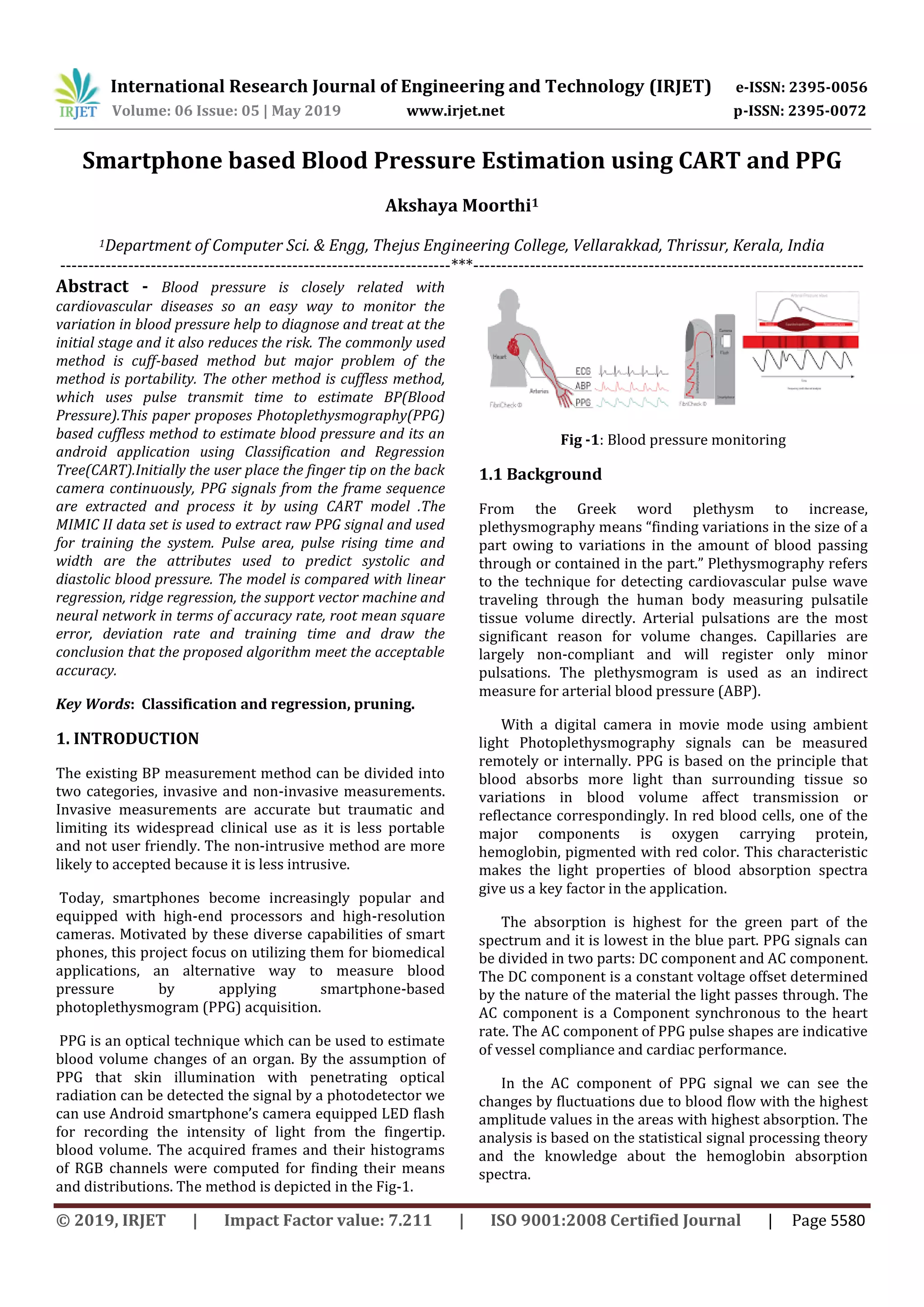 IRJET- Smartphone based Blood Pressure Estimation using CART and PPG | PDF