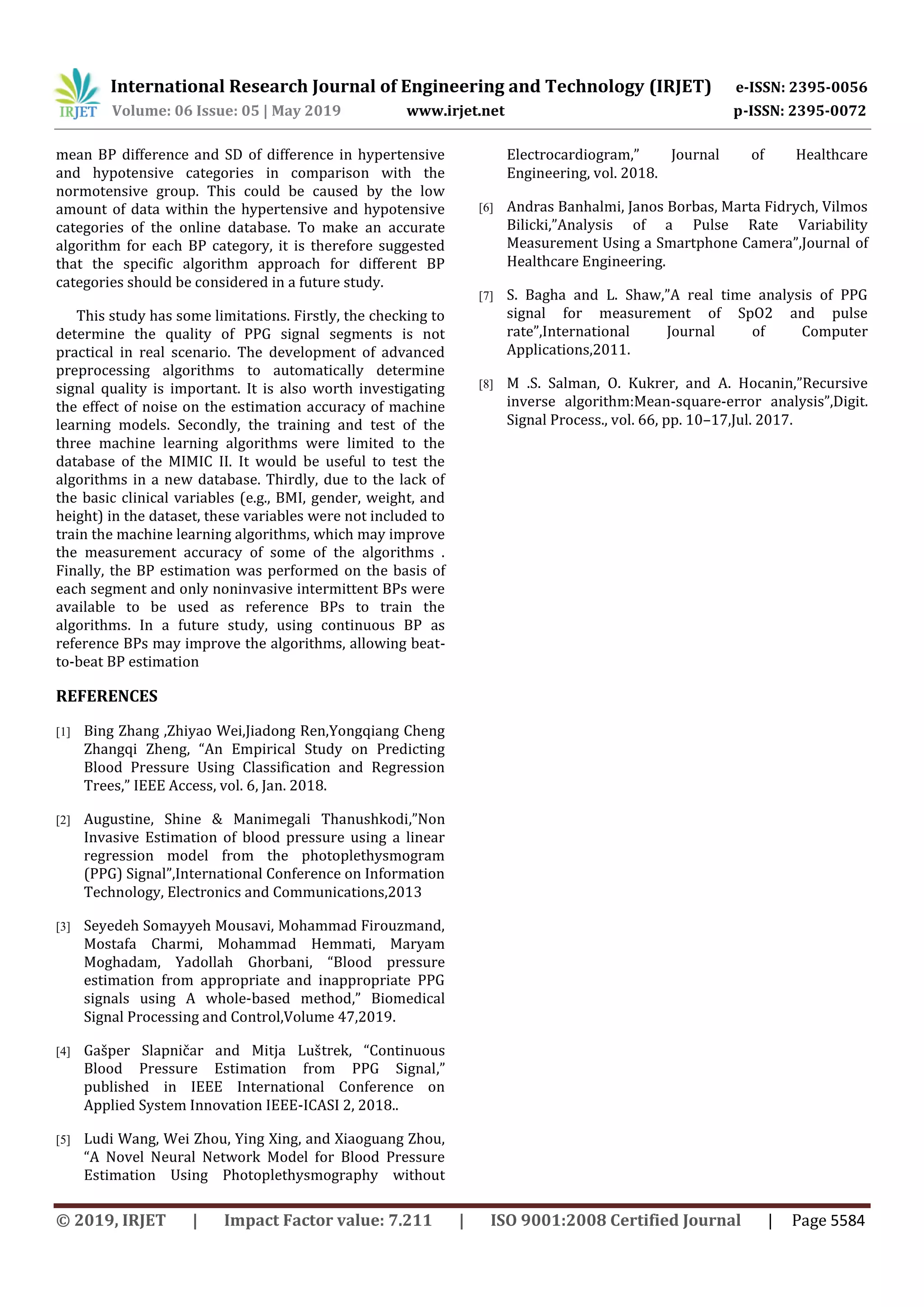 IRJET- Smartphone based Blood Pressure Estimation using CART and PPG | PDF