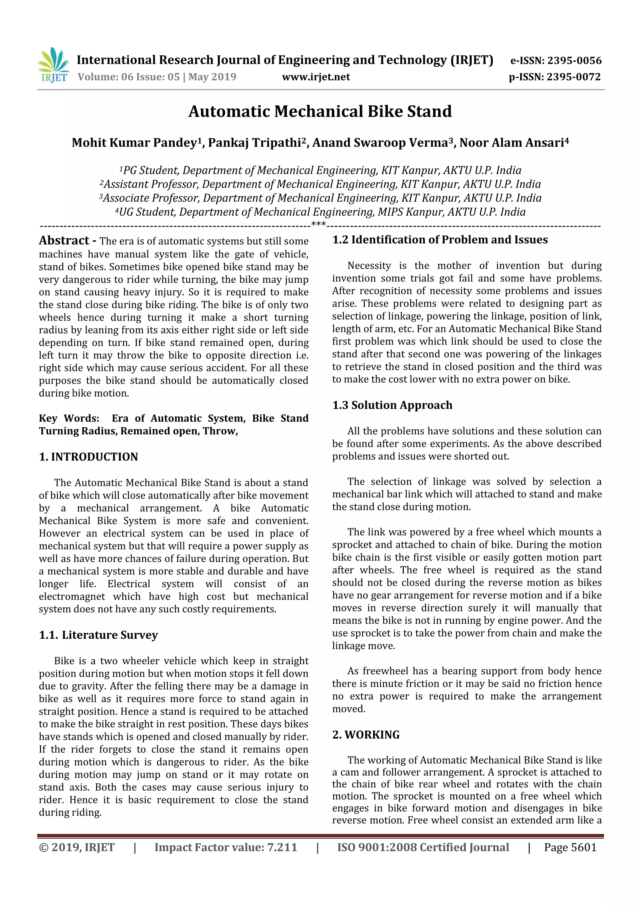 IRJET- Automatic Mechanical Bike Stand | PDF