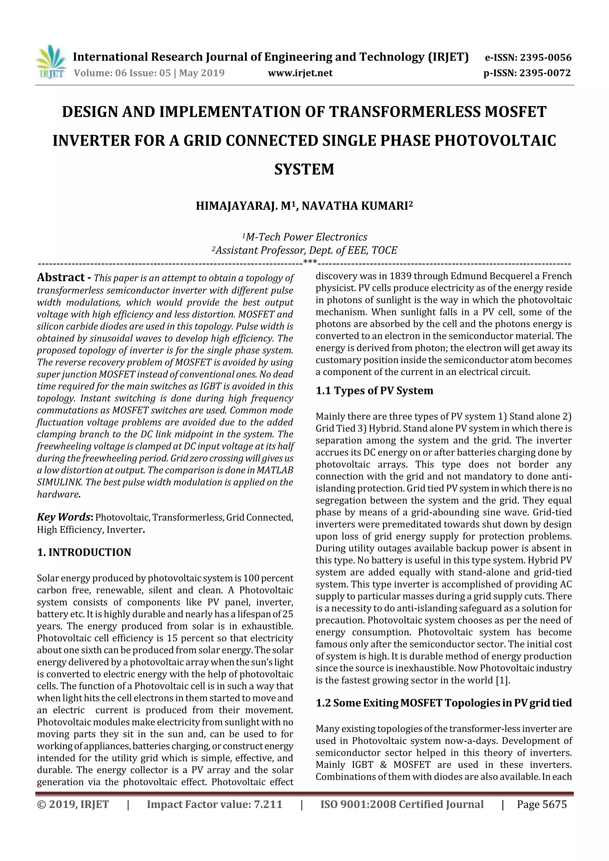 IRJET- Design and Implementation of Transformerless Mosfet Inverter for a Grid Connected Single ...