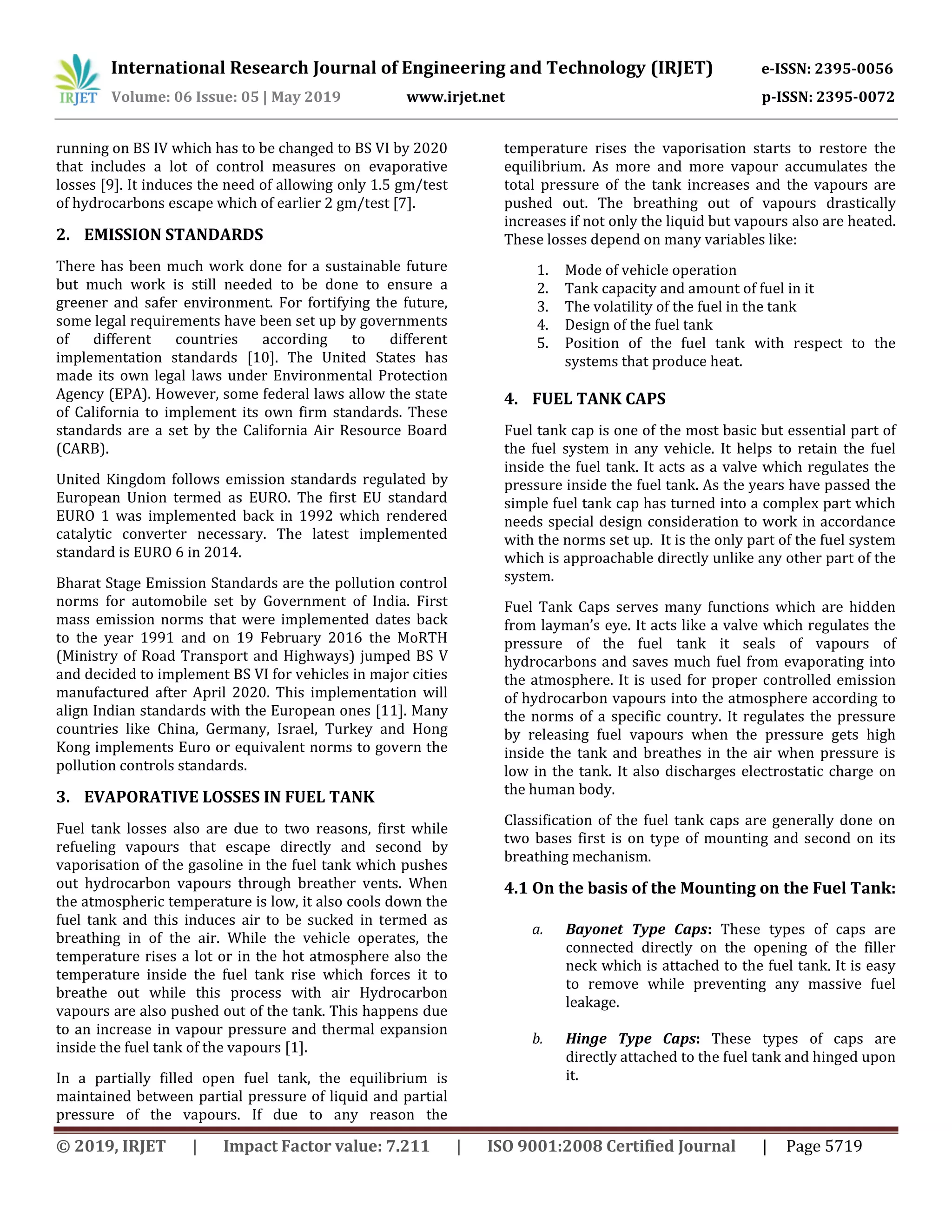 IRJET- Design and Development of Fuel Tank Caps According to Emission ...