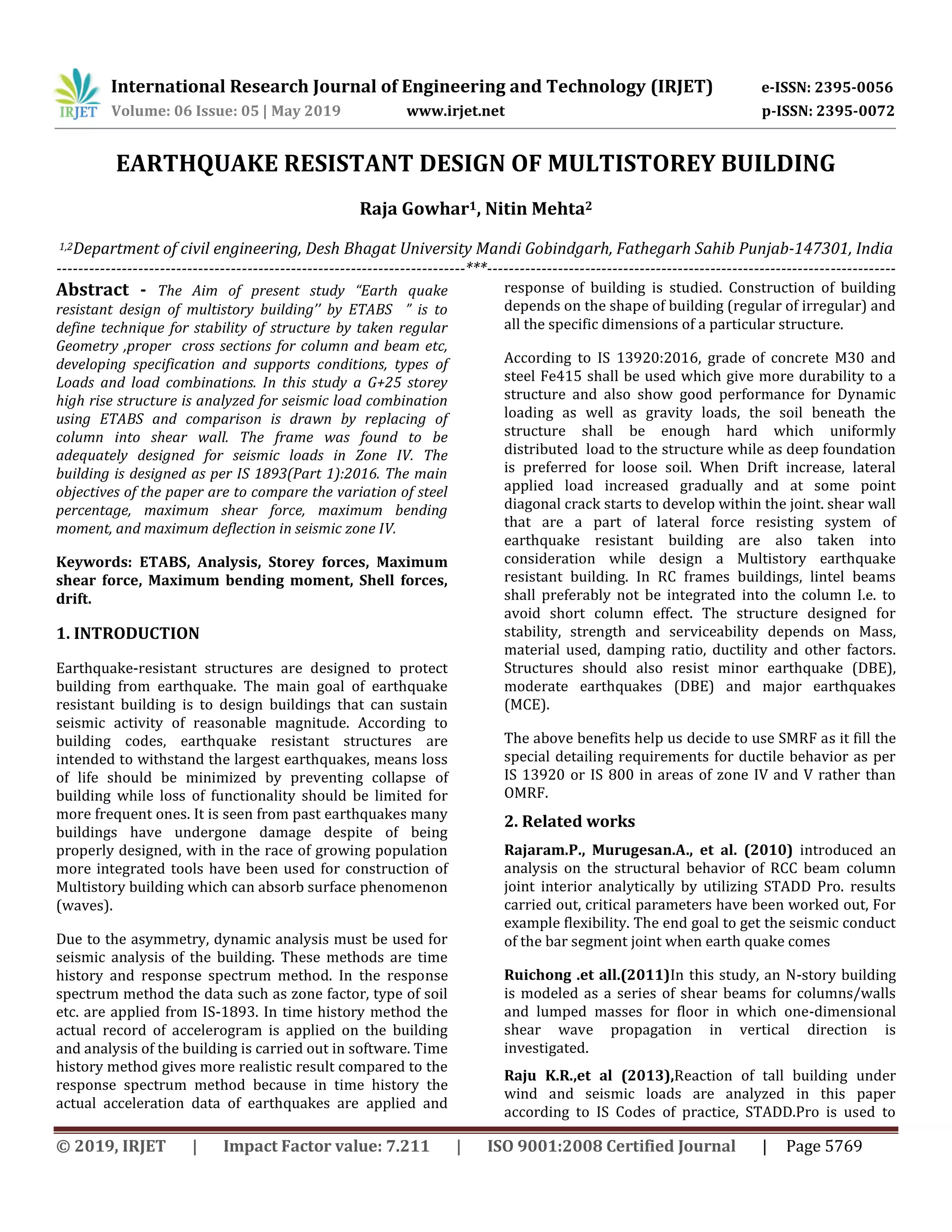 IRJET- Earthquake Resistant Design of Multistorey Building | PDF