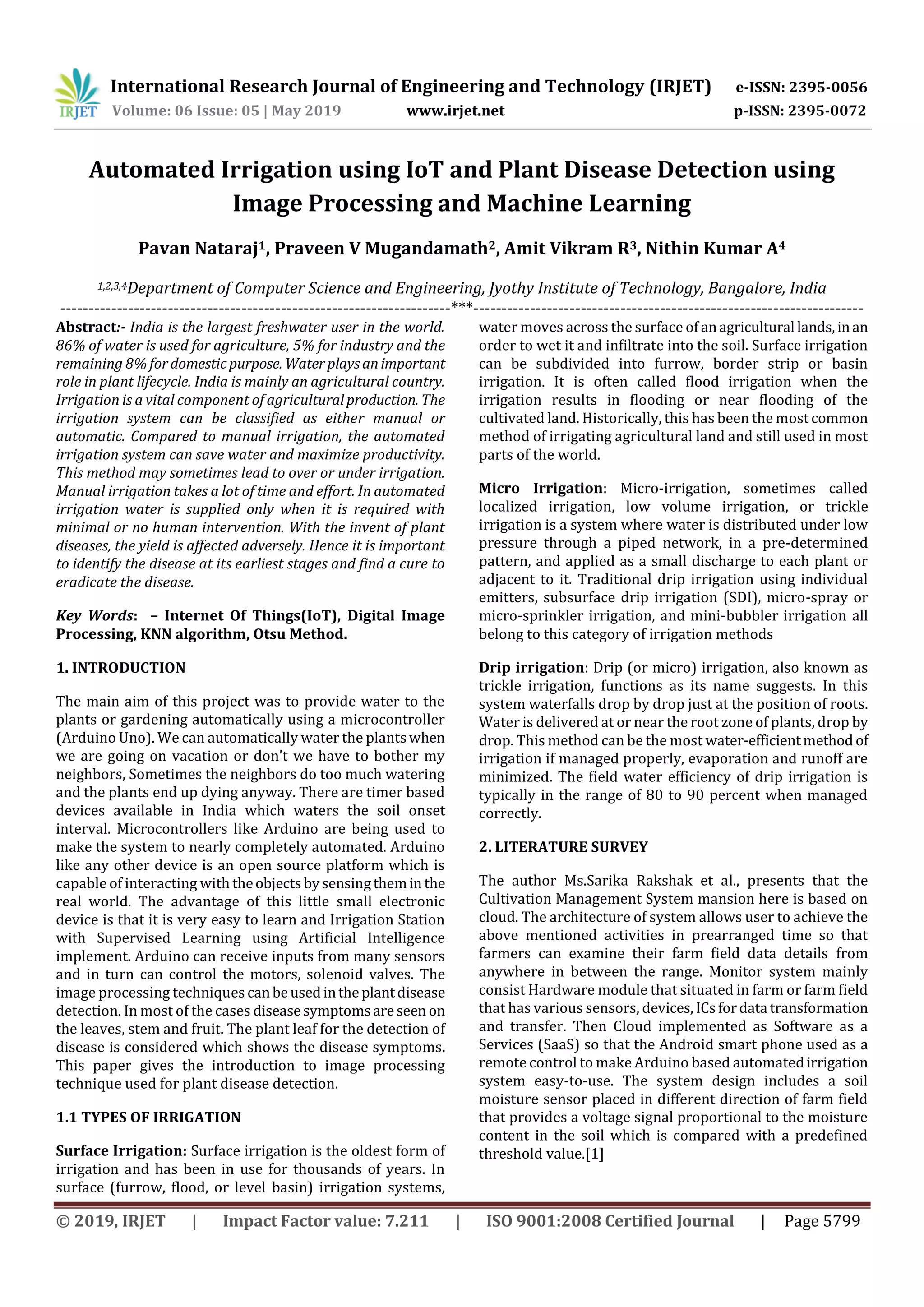 IRJET- Automated Irrigation using IoT and Plant Disease Detection using Image Processing and ...
