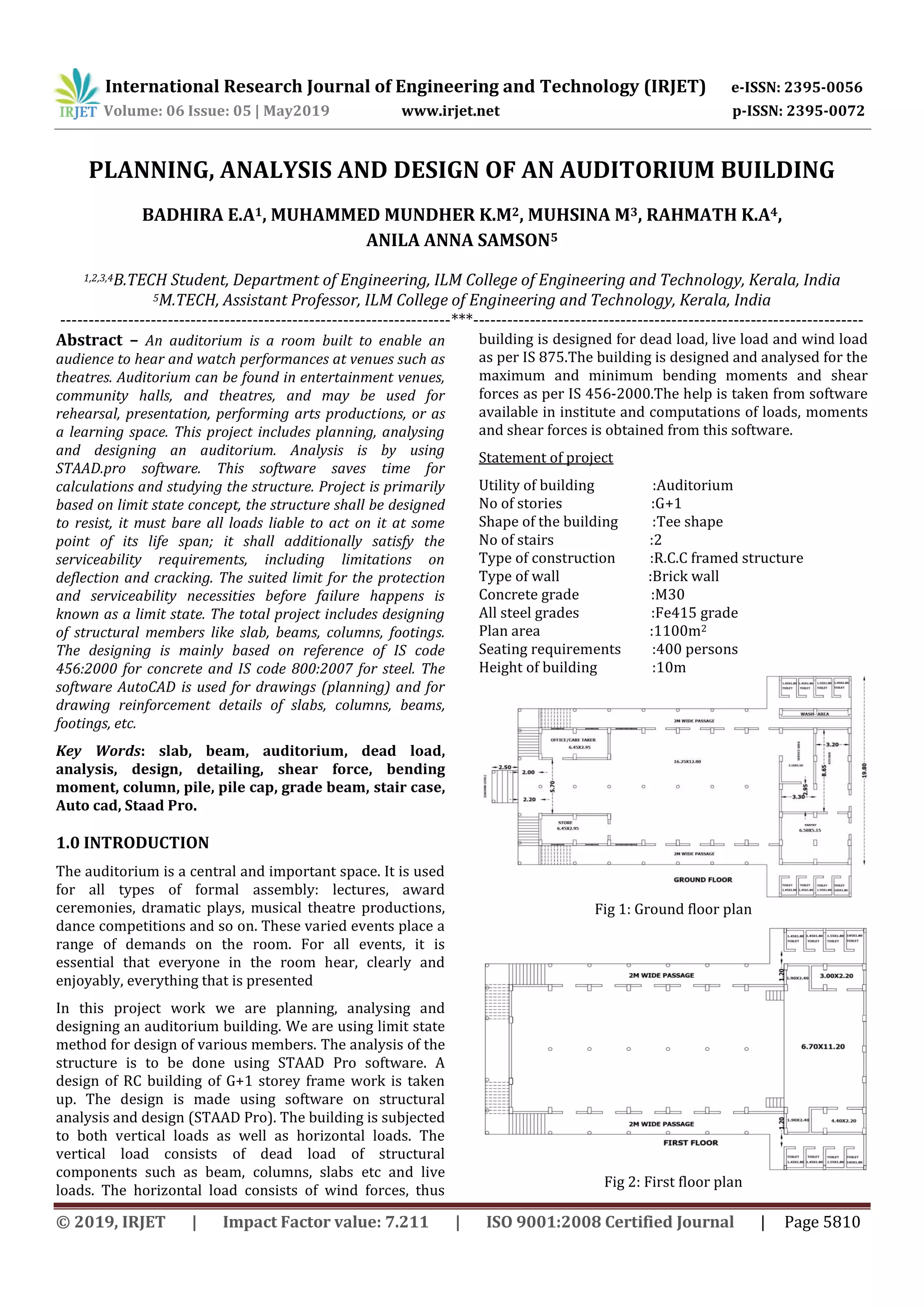 IRJET- Planning, Analysis and Design of an Auditorium Building | PDF