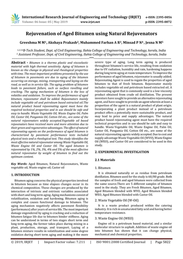 IRJET- Rejuvenation of Aged Bitumen using Natural Rejuvenators | PDF