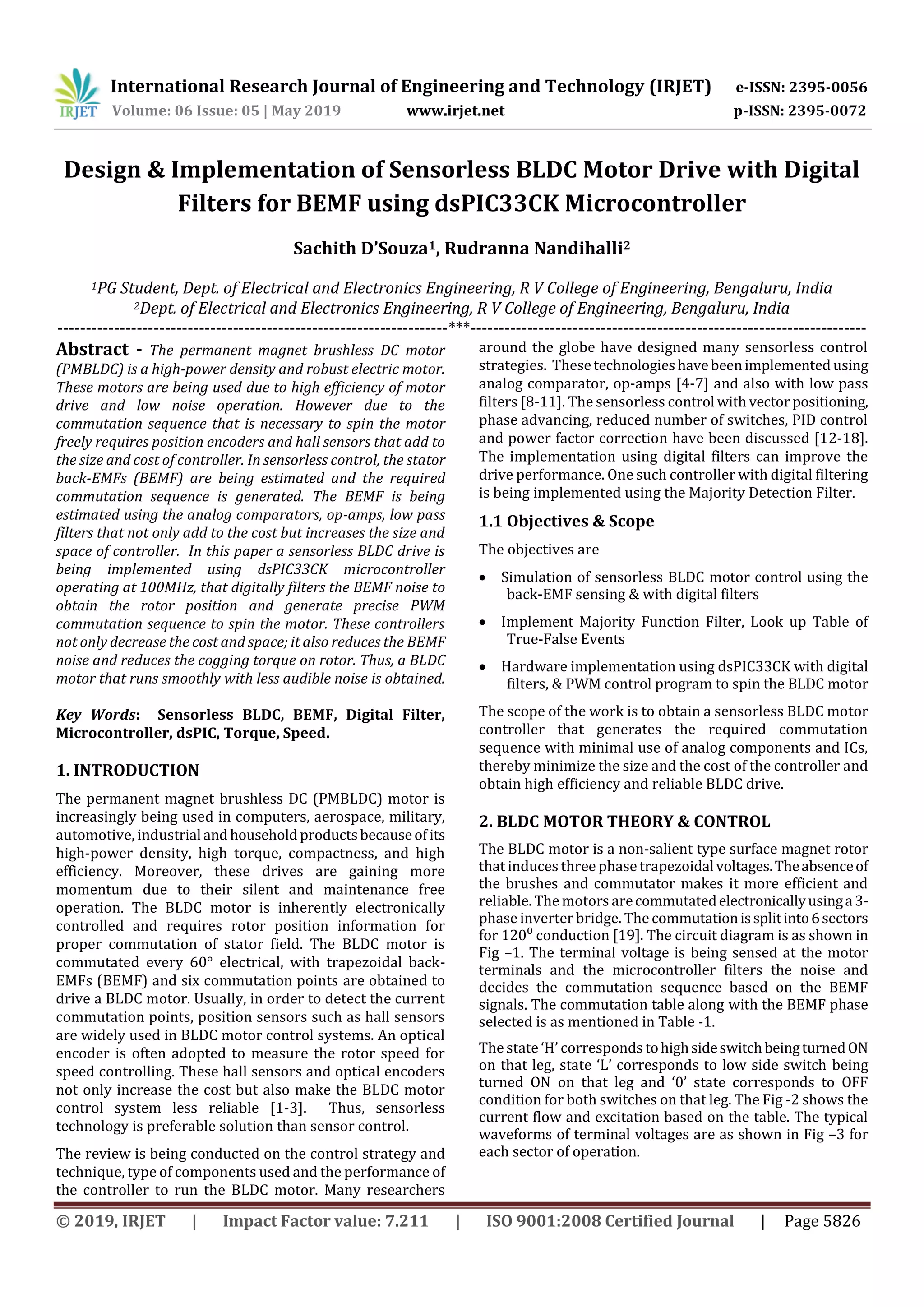 IRJET- Design & Implementation of Sensorless BLDC Motor Drive with Digital Filters for BEMF ...