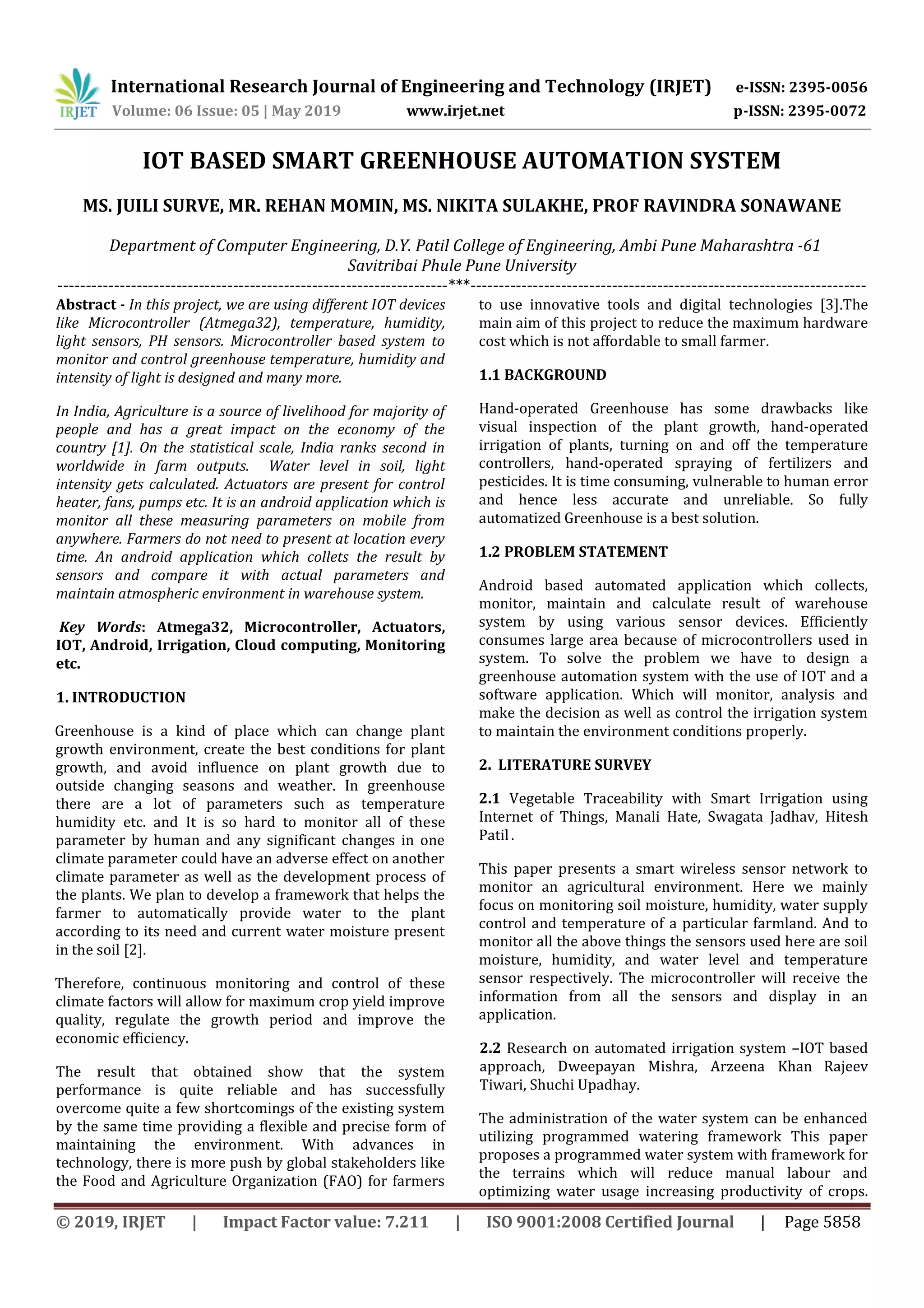 Irjet Iot Based Smart Greenhouse Automation System Pdf