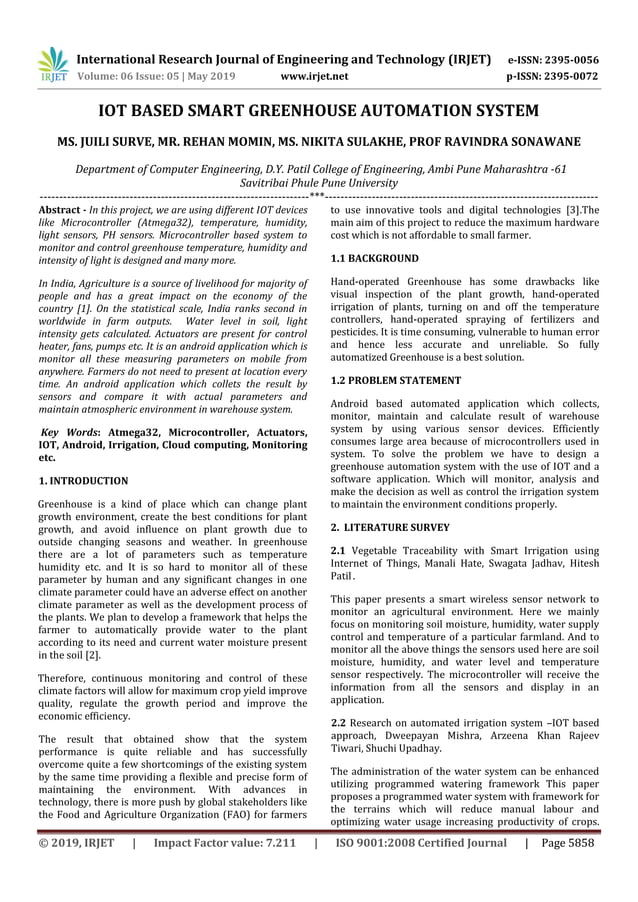IRJET- IoT based Smart Greenhouse Automation System | PDF