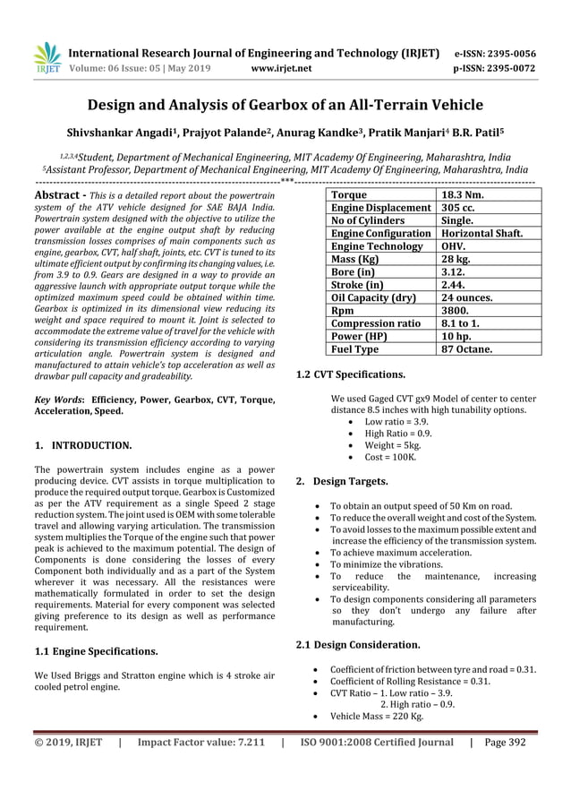 IRJET- Design and Analysis of Gearbox of an All-Terrain Vehicle | PDF | Performance Cars | Auto Type