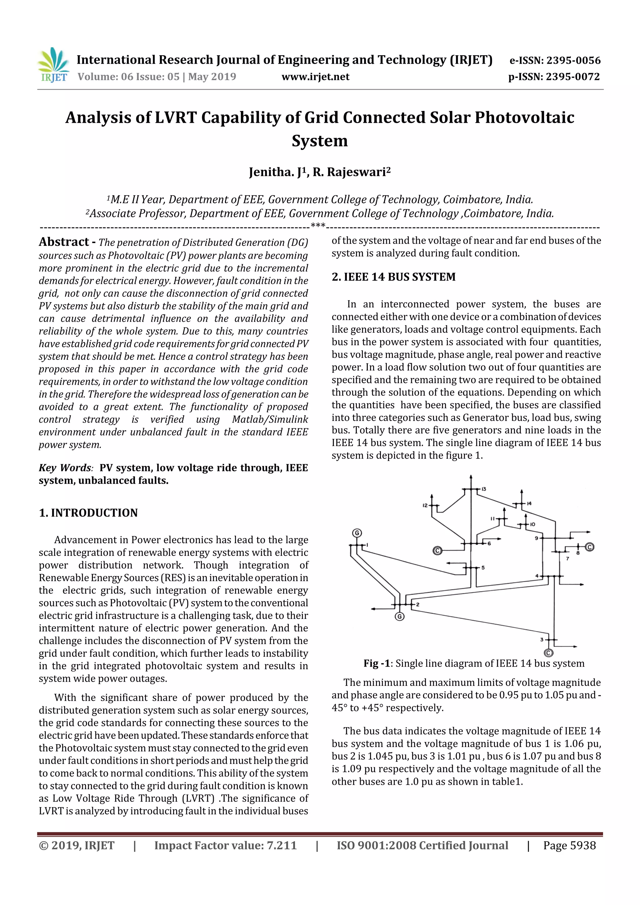 IRJET- Analysis of LVRT Capability of Grid Connected Solar Photovoltaic System | PDF