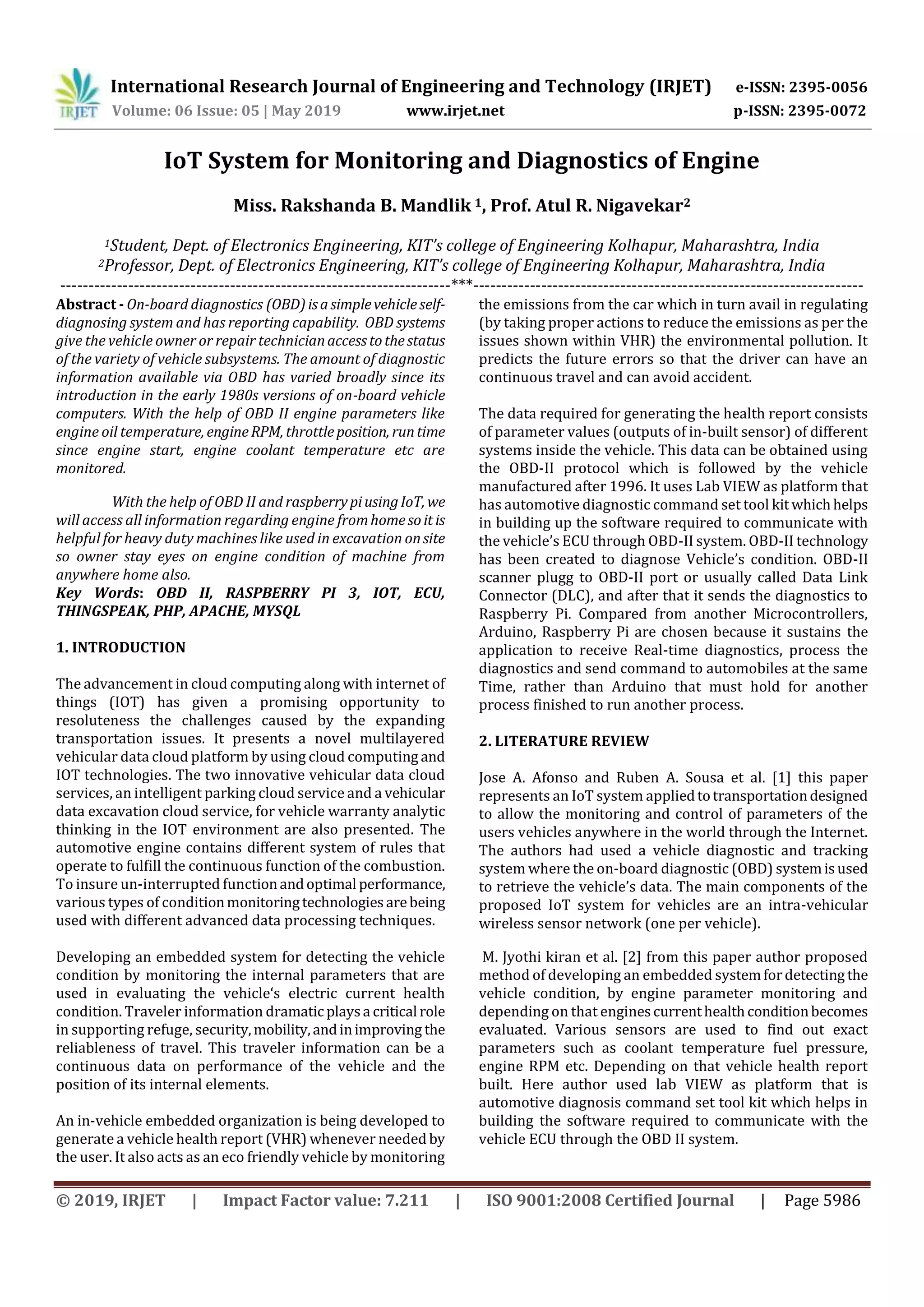 IRJET- IoT System for Monitoring and Diagnostics of Engine | PDF