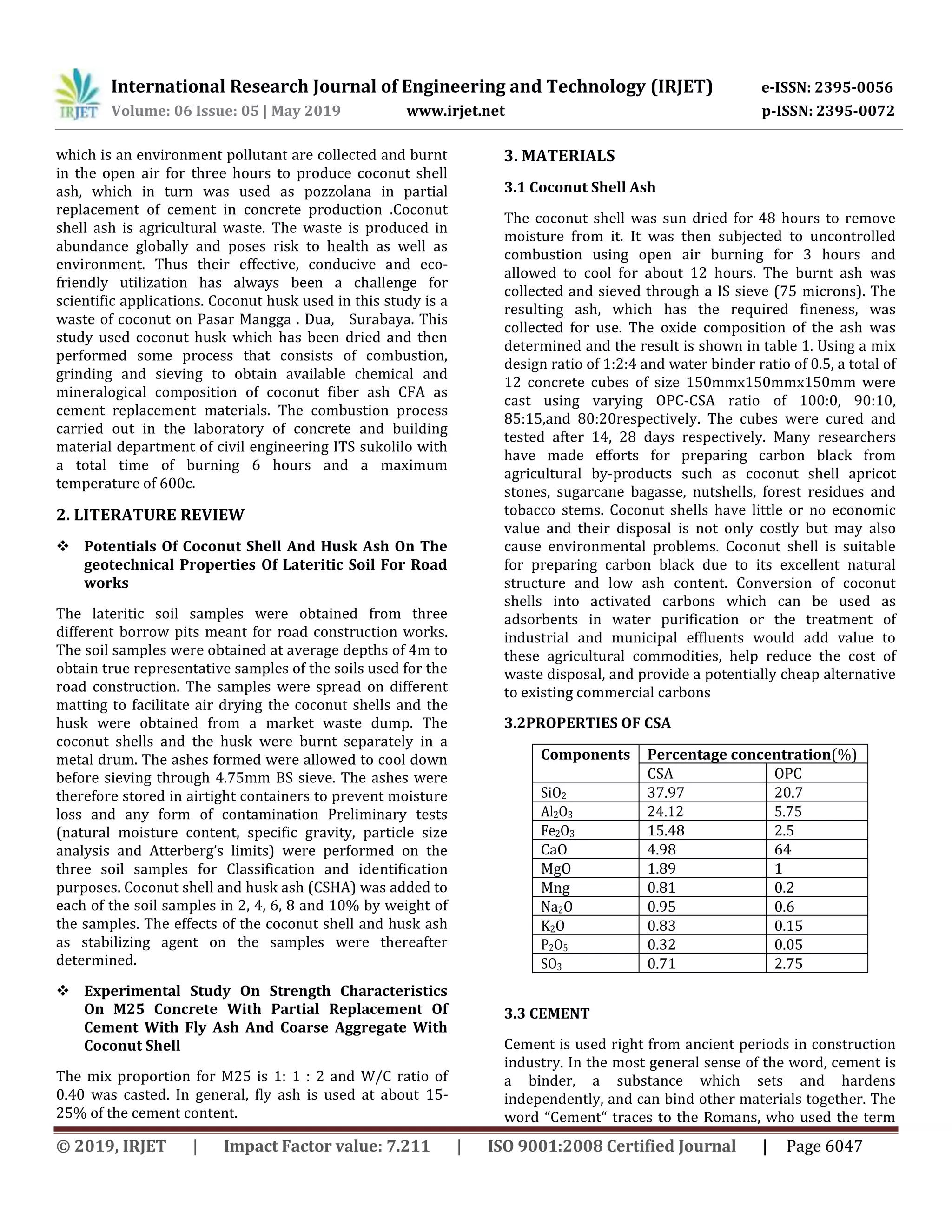 IRJET- Structural Performance on Partial Replacement of Cement by Coconut Shell Ash | PDF