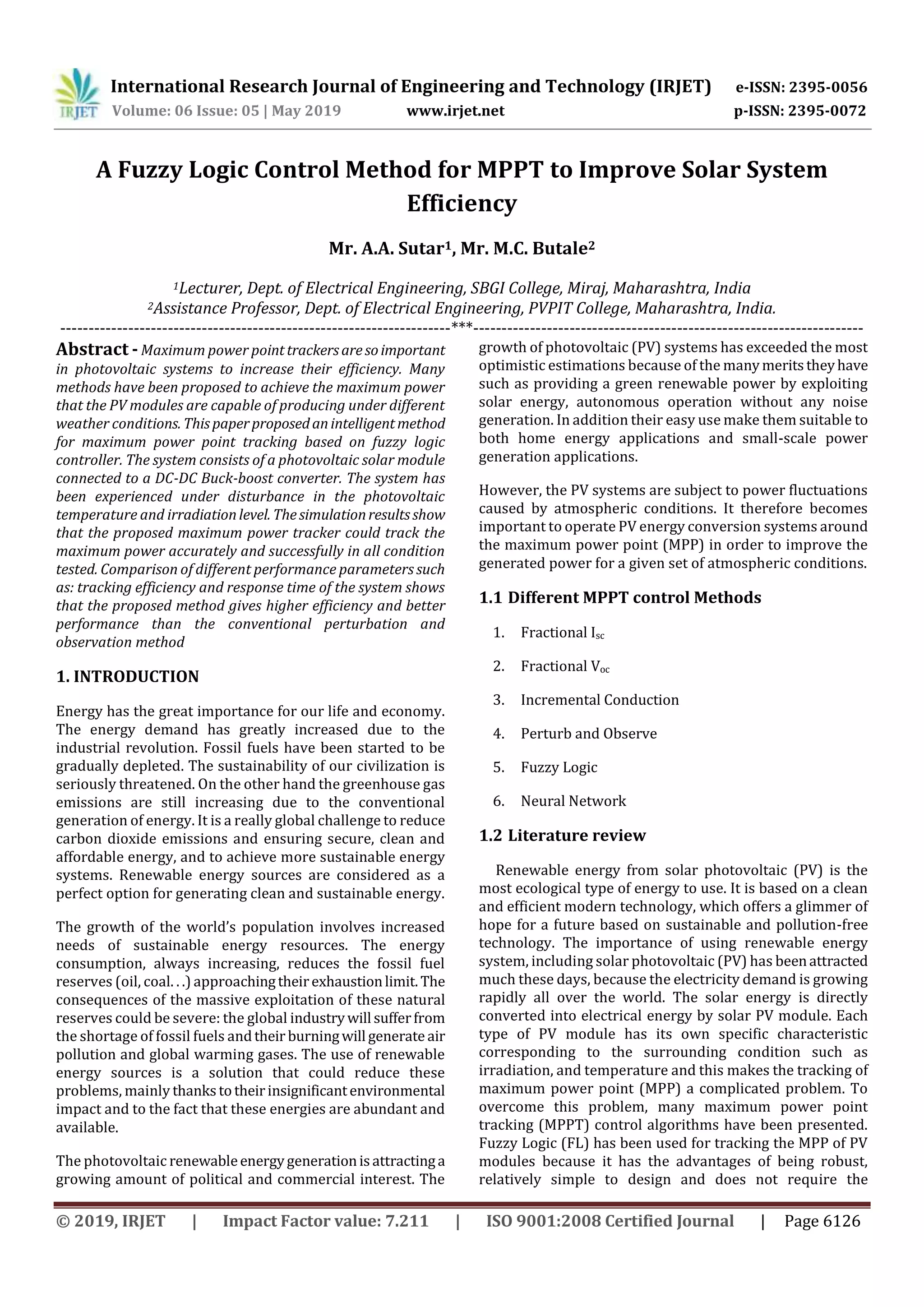 IRJET- A Fuzzy Logic Control Method for MPPT to Improve Solar System Efficiency | PDF