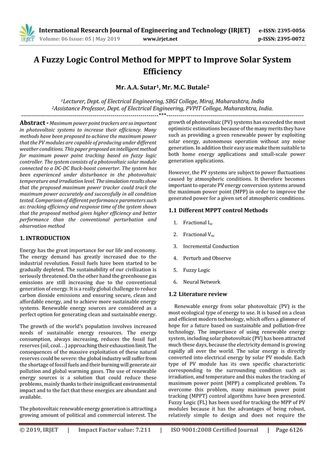 IRJET- A Fuzzy Logic Control Method for MPPT to Improve Solar System Efficiency | PDF