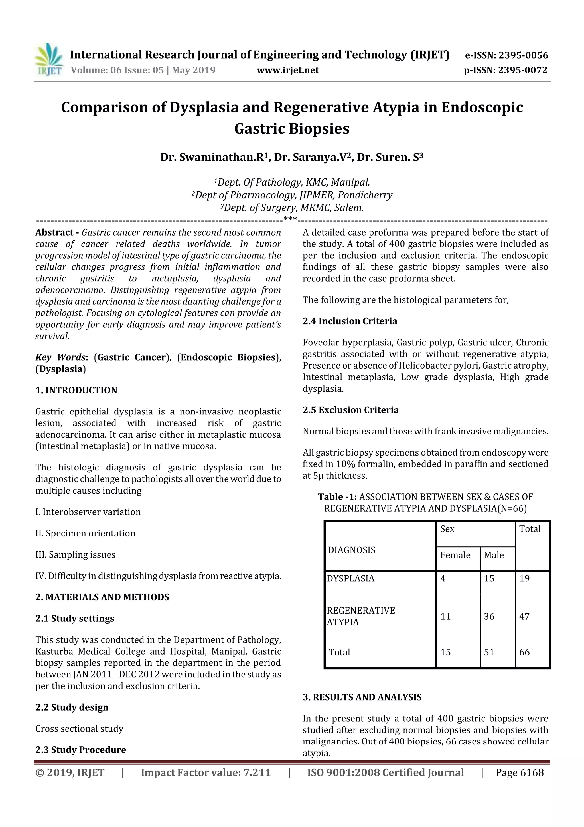 IRJET- Comparison of Dysplasia and Regenerative Atypia in Endoscopic ...