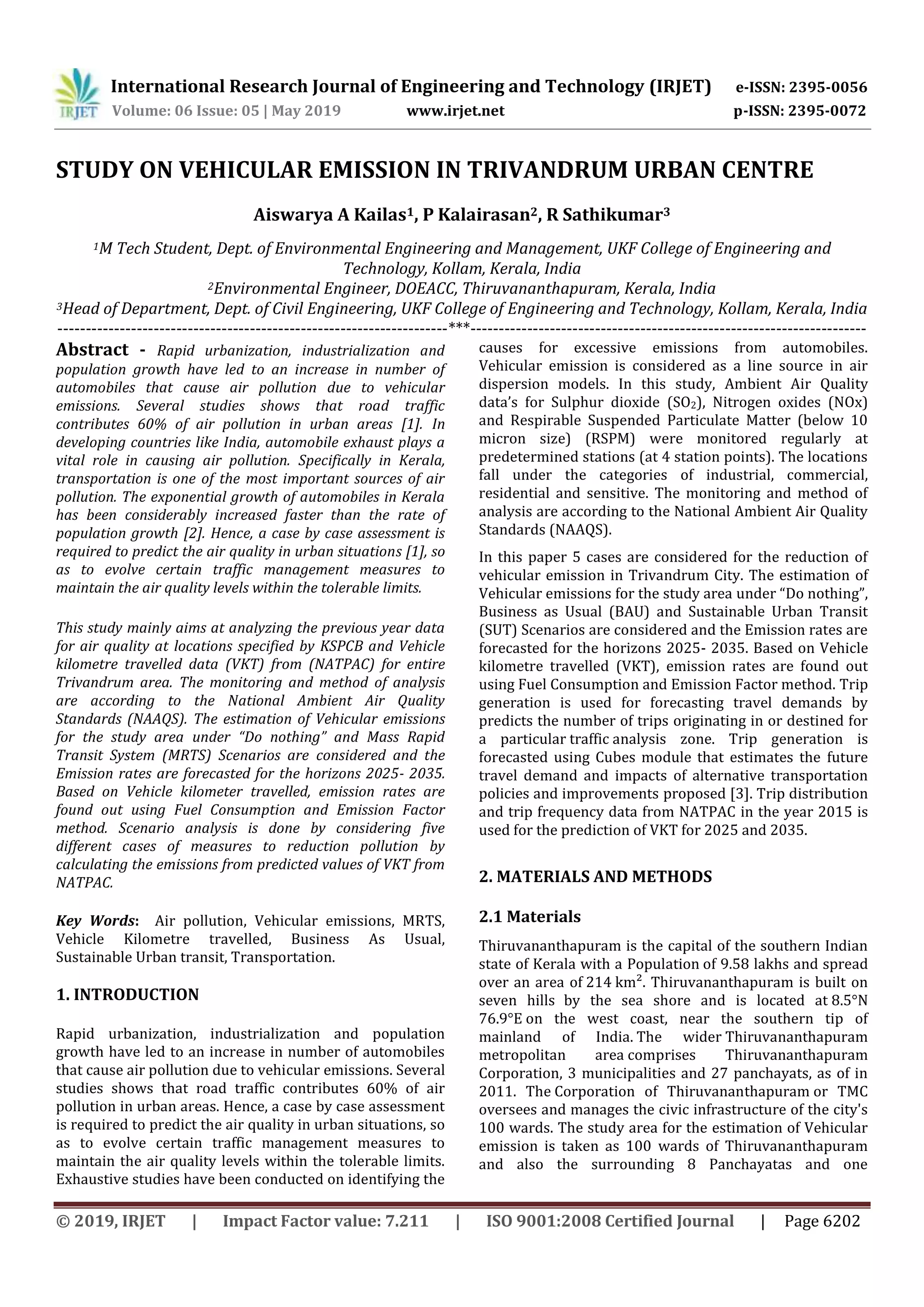 IRJET- Study on Vehicular Emission in Trivandrum Urban Centre | PDF