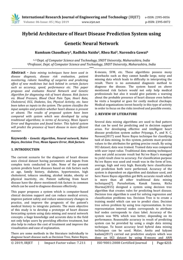 IRJET- Hybrid Architecture of Heart Disease Prediction System using Genetic Neural Network | PDF ...