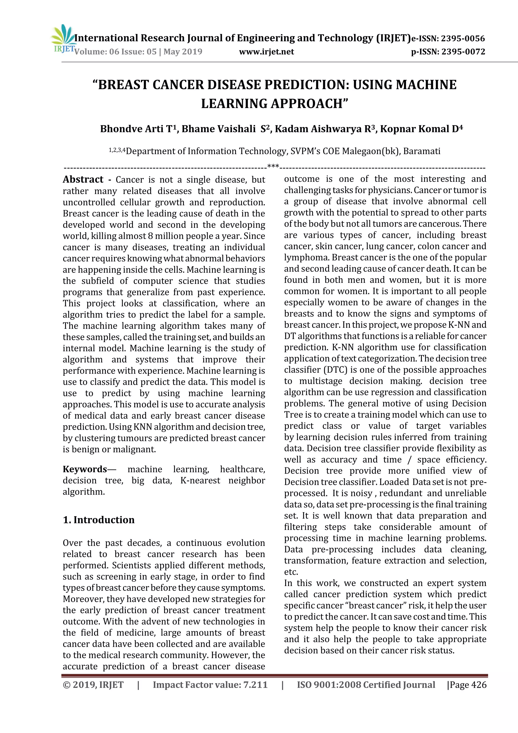 IRJET- Breast Cancer Disease Prediction : Using Machine Learning Approach | PDF