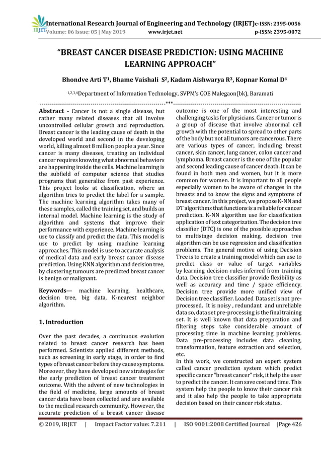 IRJET- Breast Cancer Disease Prediction : Using Machine Learning Approach | PDF