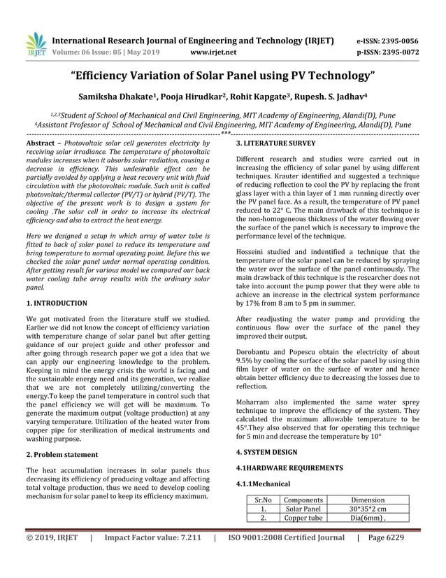 IRJET- Efficiency Variation of Solar Panel using PV Technology | PDF